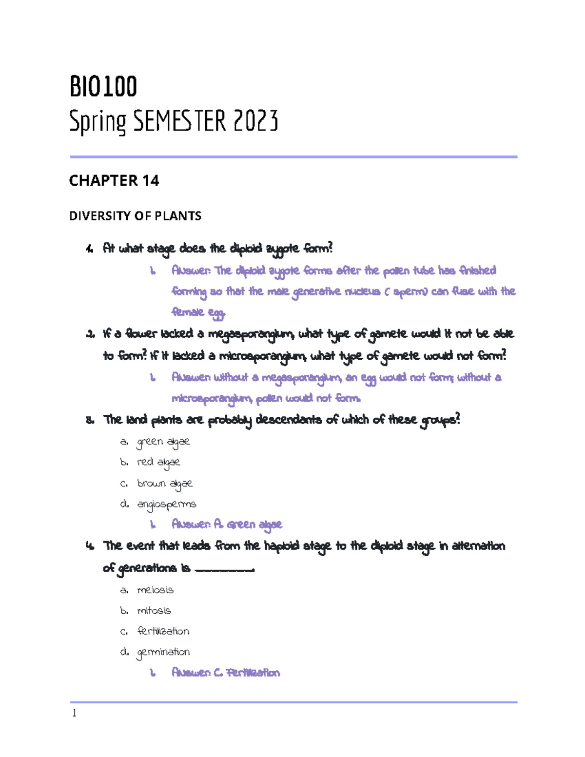 Biology CH14 - BIO Spring SEMTER 2023 CHAPTER 14 DIVERSITY OF PLANTS 1 ...