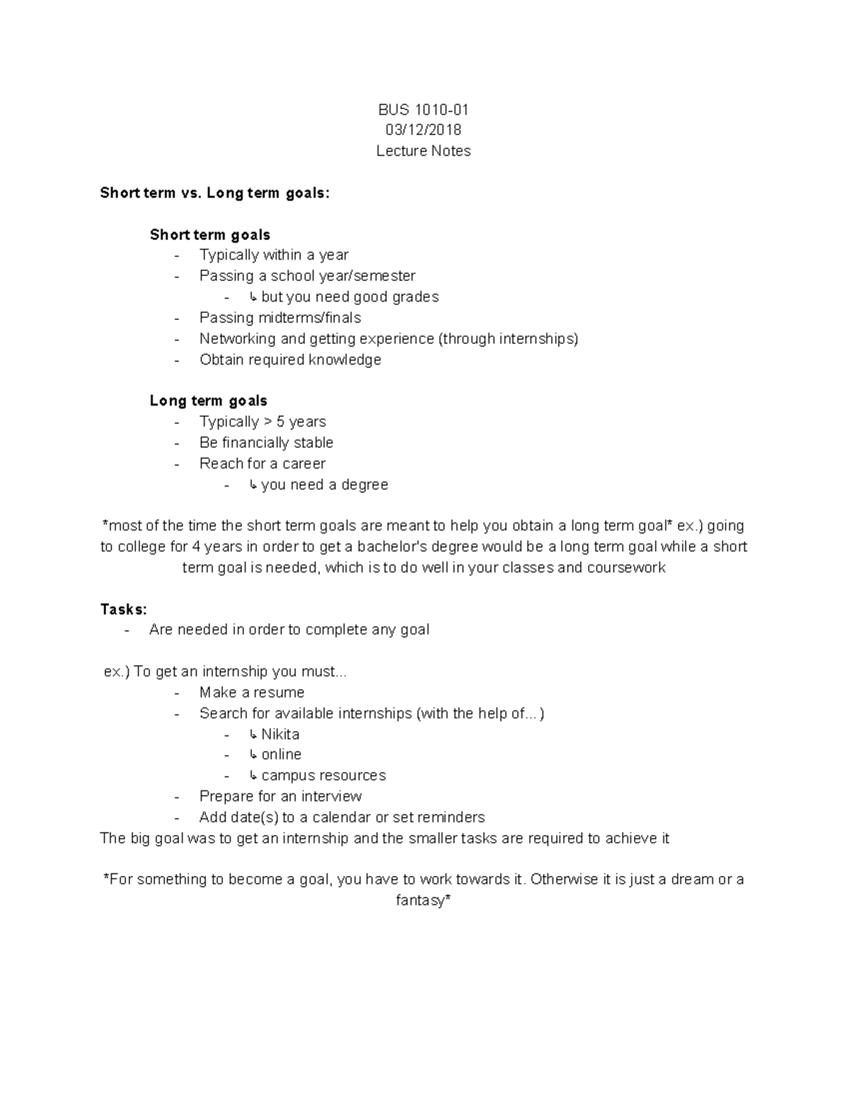 BUS 1010-01 Class Notes - BUS Lecture Notes Short term vs. Long term ...