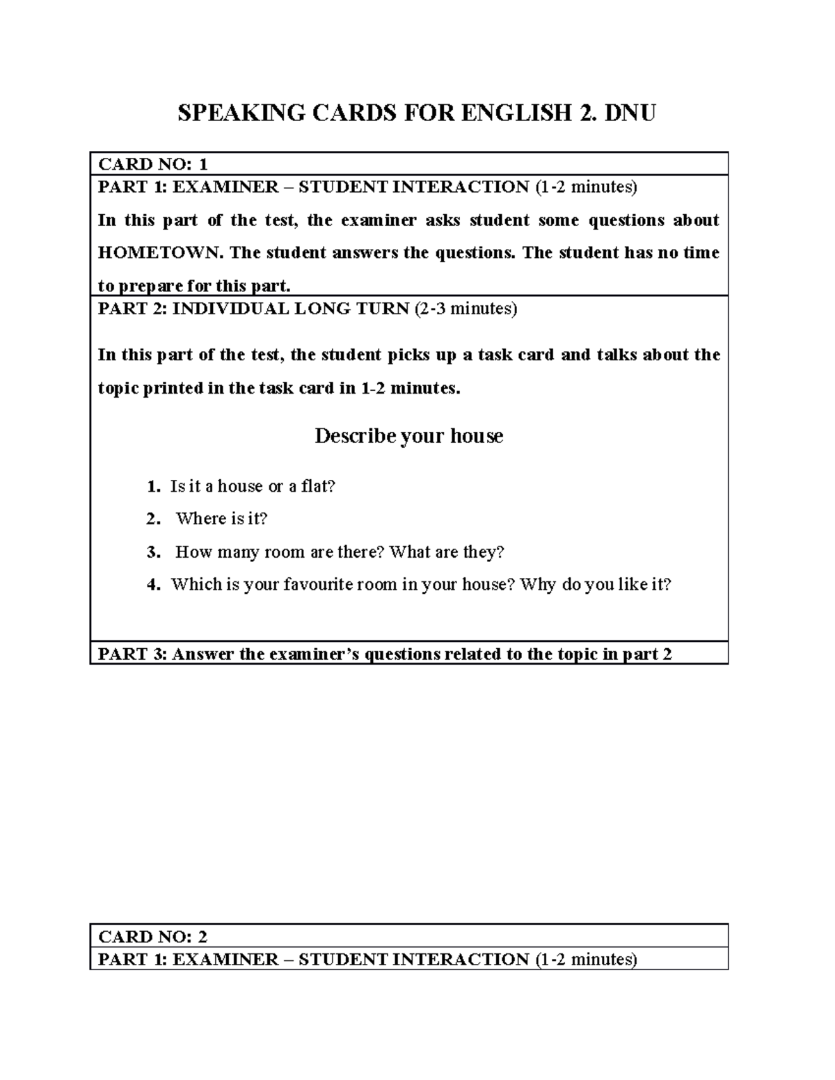 E2 students cards Speaking Cards 4 tín - SPEAKING CARDS FOR ENGLISH 2. DNU CARD NO: 1 PART 1 ...