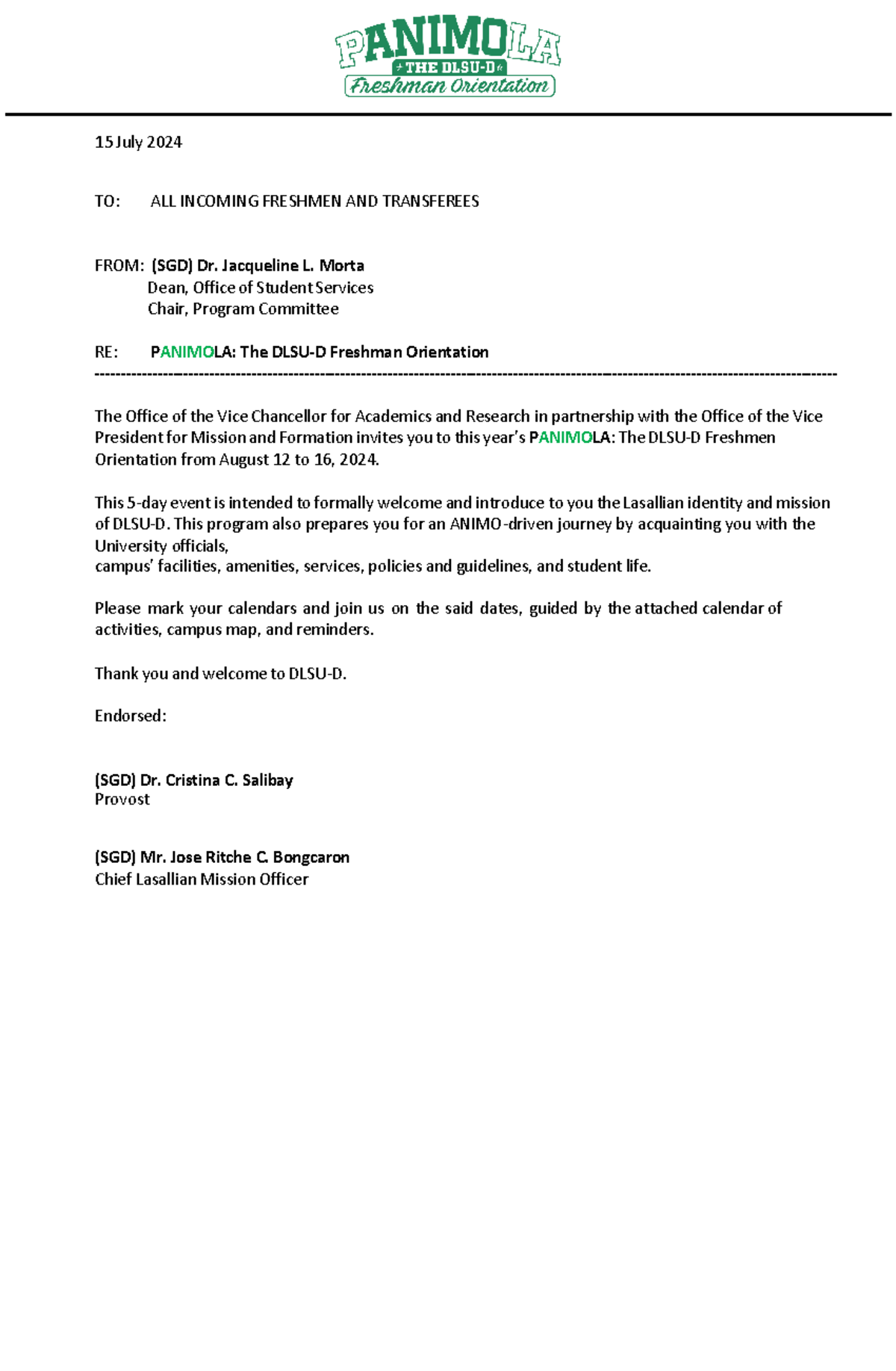 Panimola Letter Calendar MAP - 15 July 2024 TO: ALL INCOMING FRESHMEN ...