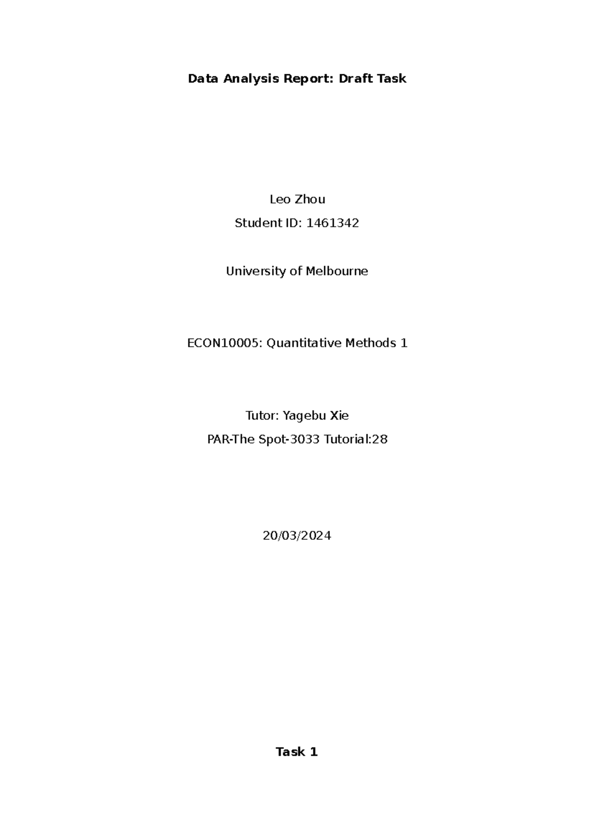 Data Analysis Report Qm1 Data Data Analysis Report Draft Task Leo