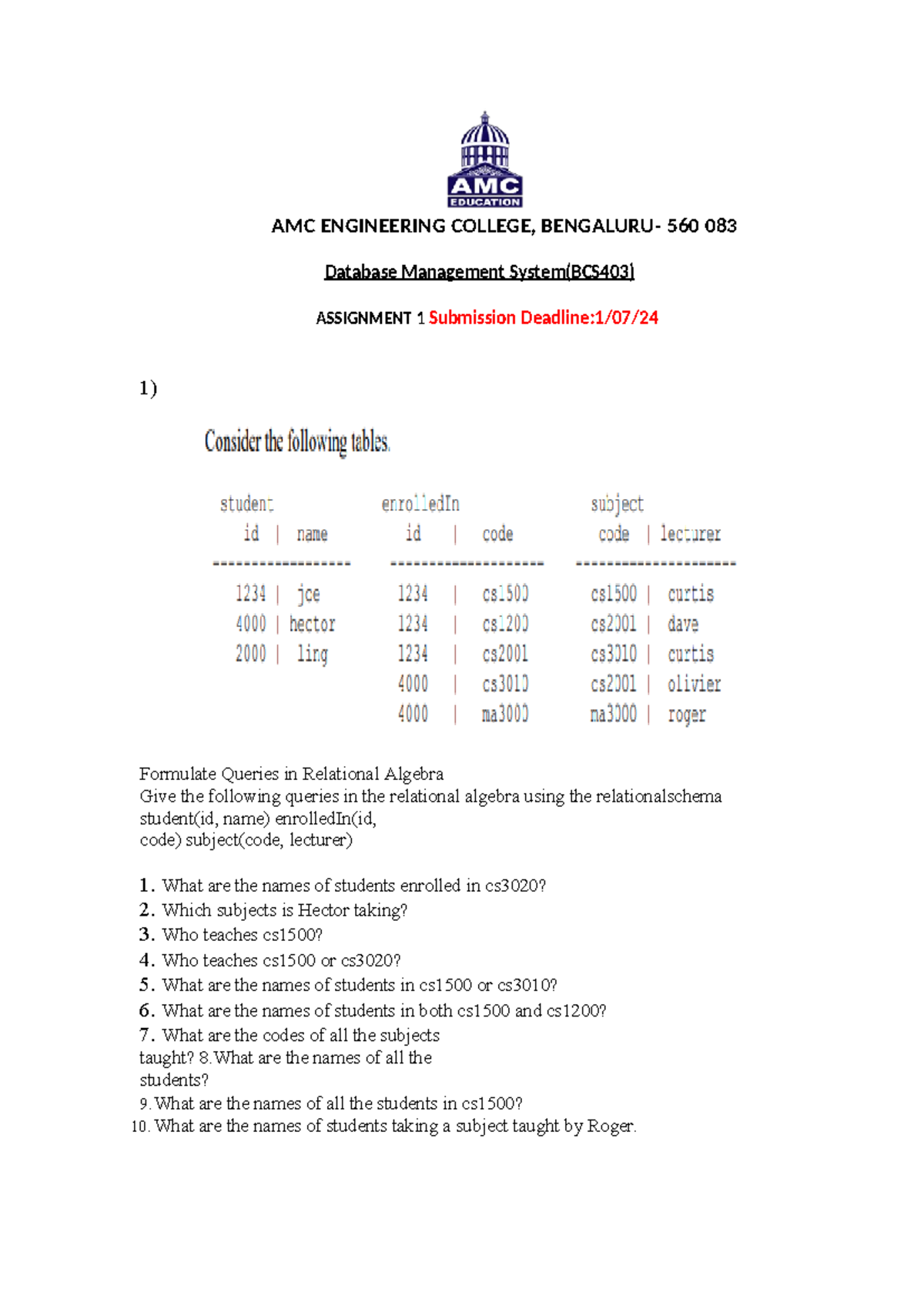 Assignment of database management system vtu - AMC ENGINEERING COLLEGE, BENGALURU- 560 083 ...