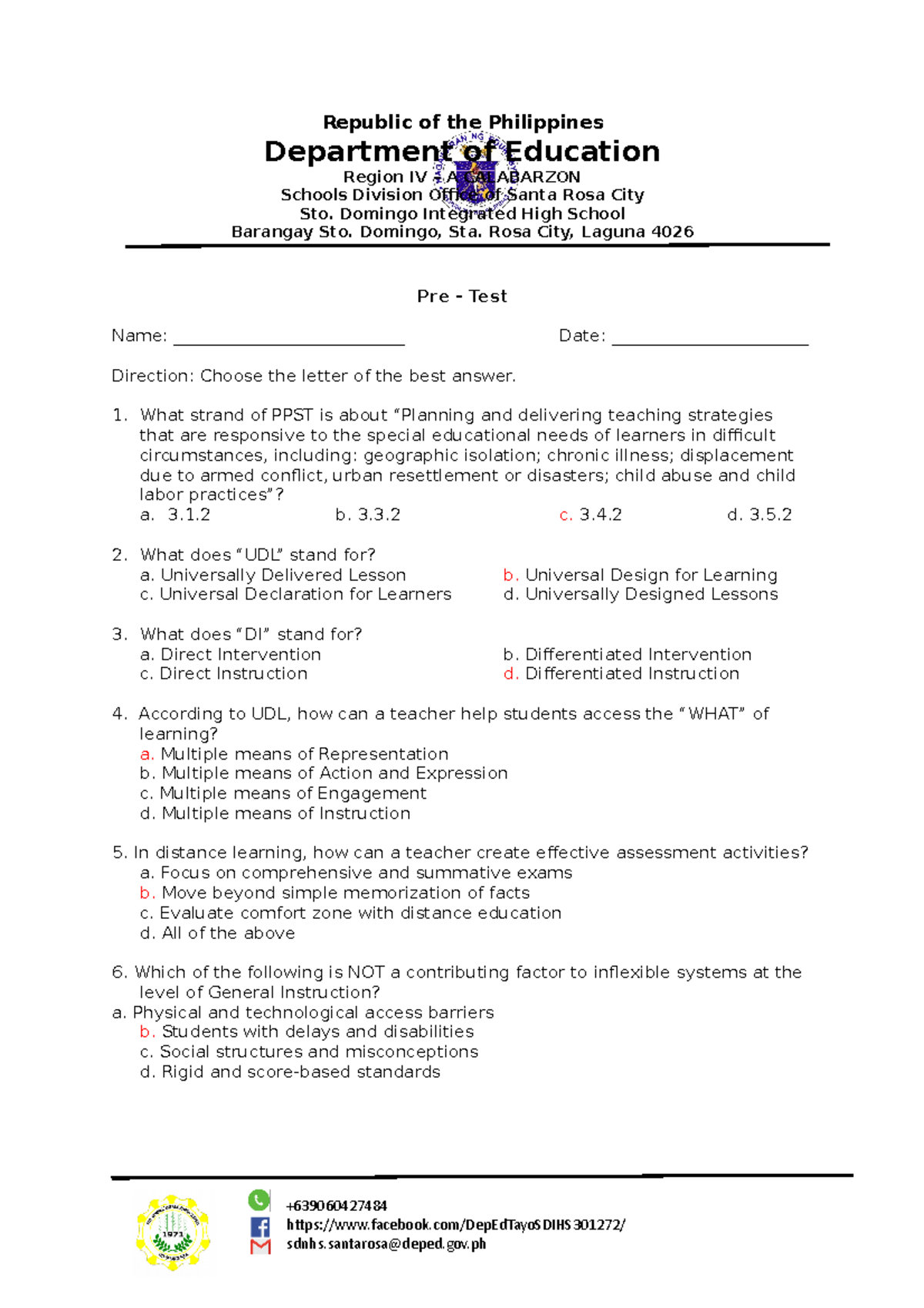 Pre test and Post test - Test for seminars - Republic of the ...