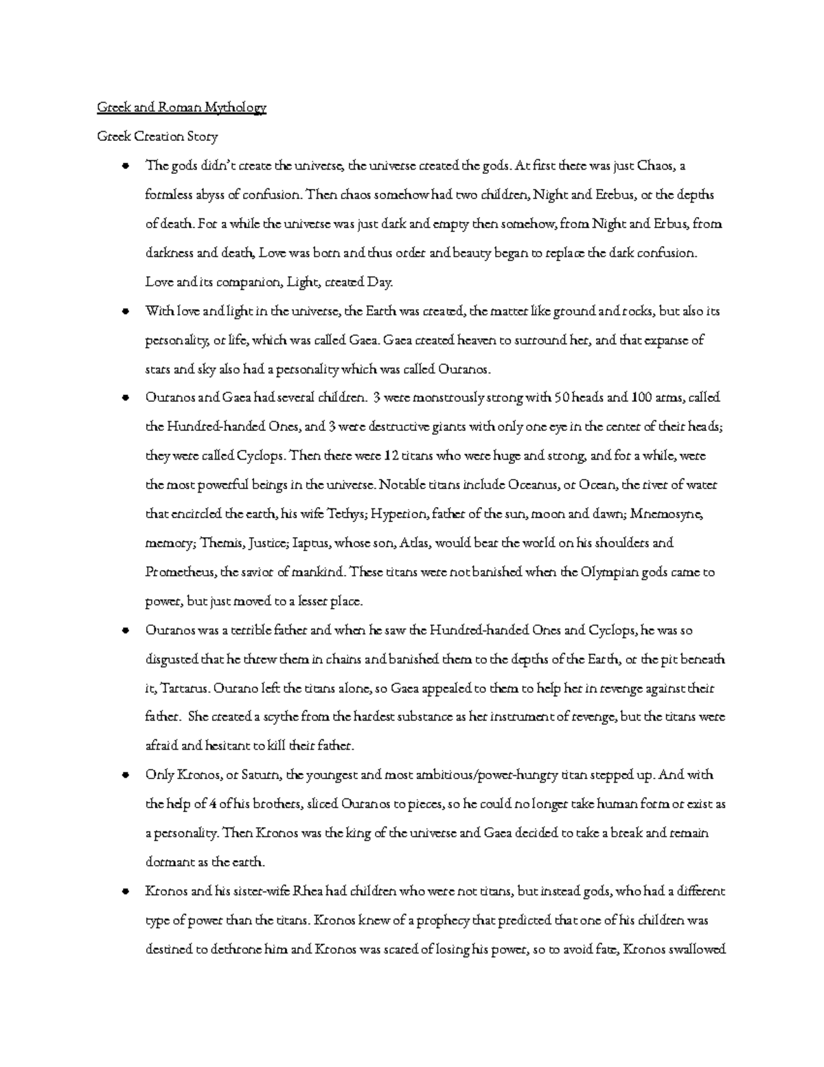 English II H Mythology Notes - Greek and Roman Mythology Greek Creation ...
