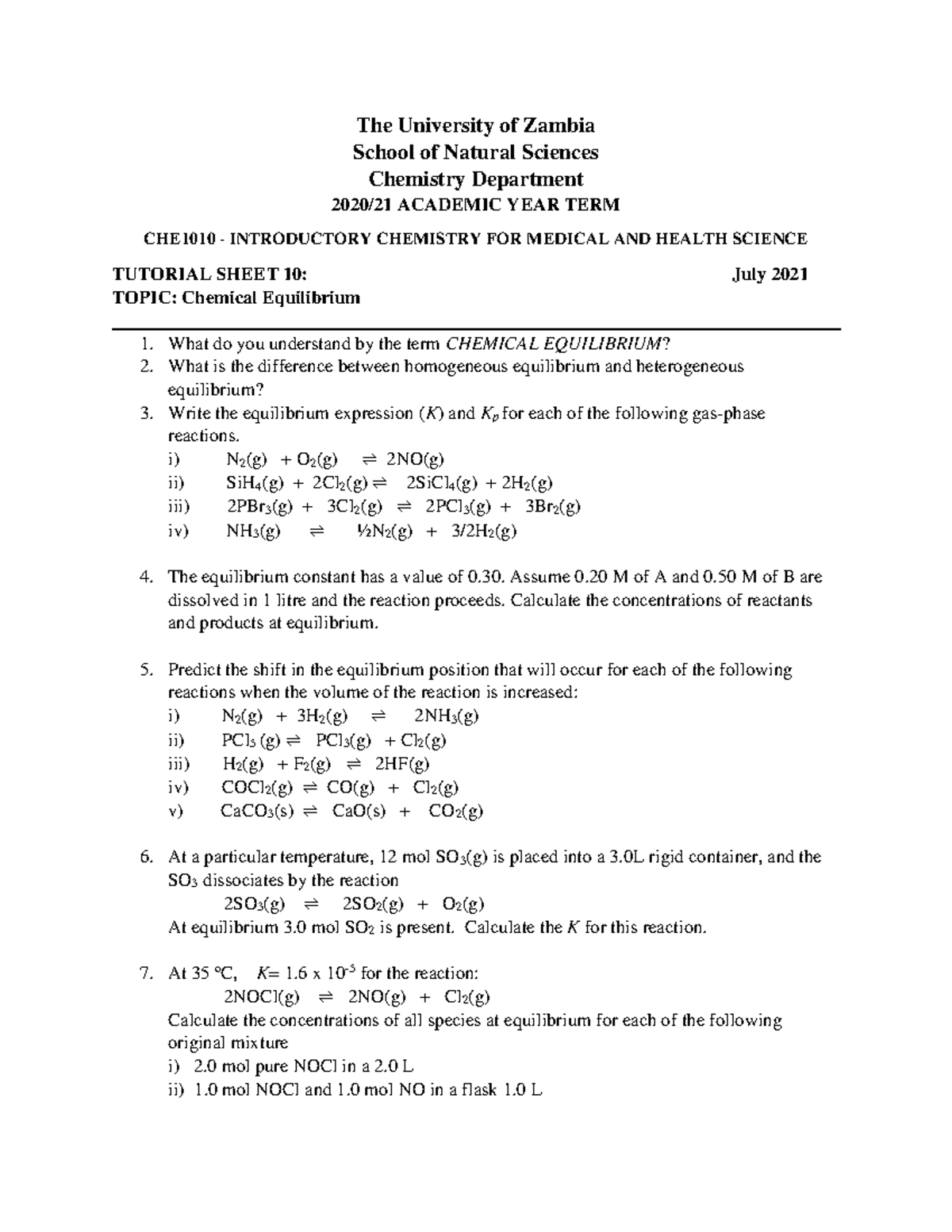 CHE1010 - Tutorial sheet 10. Chemical Equlibrium - The University of ...