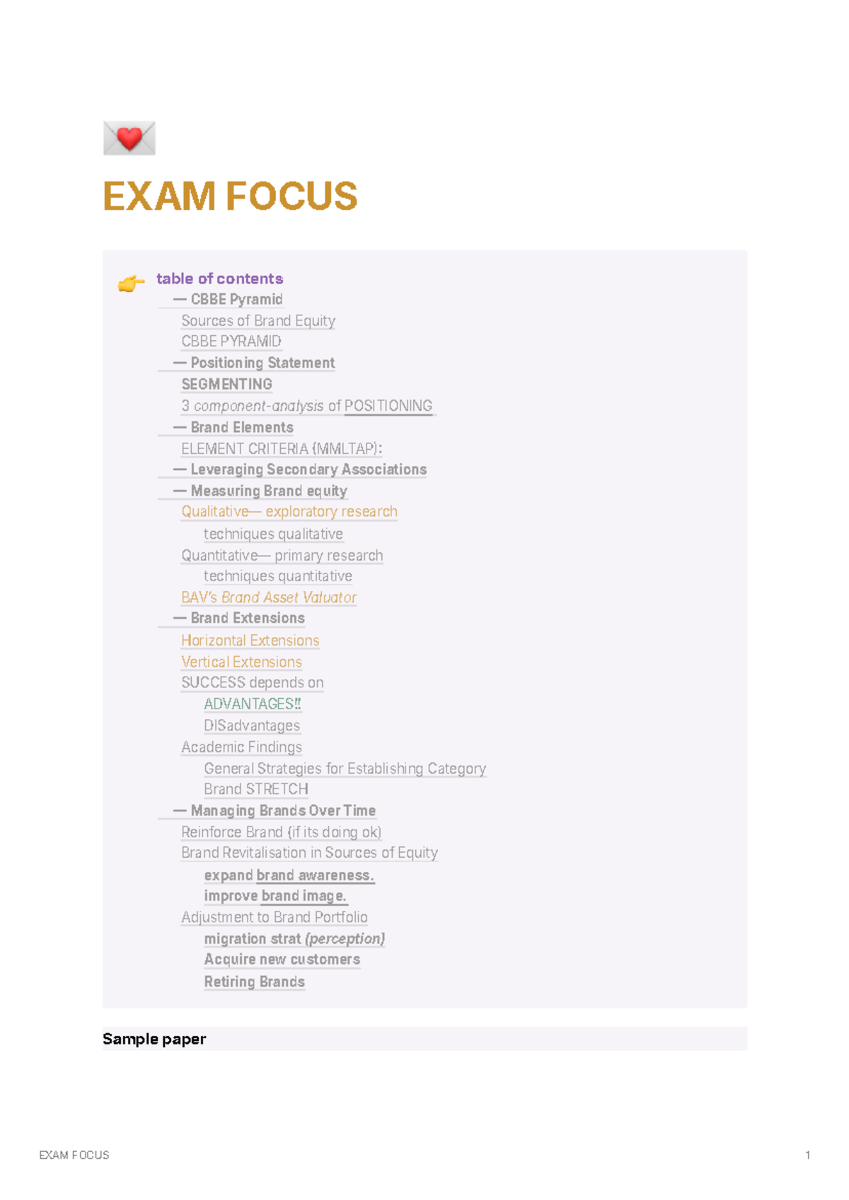 Brandmanagement notes - 💌 EXAM FOCUS 👉 table of contents Sample paper 🫐 ...