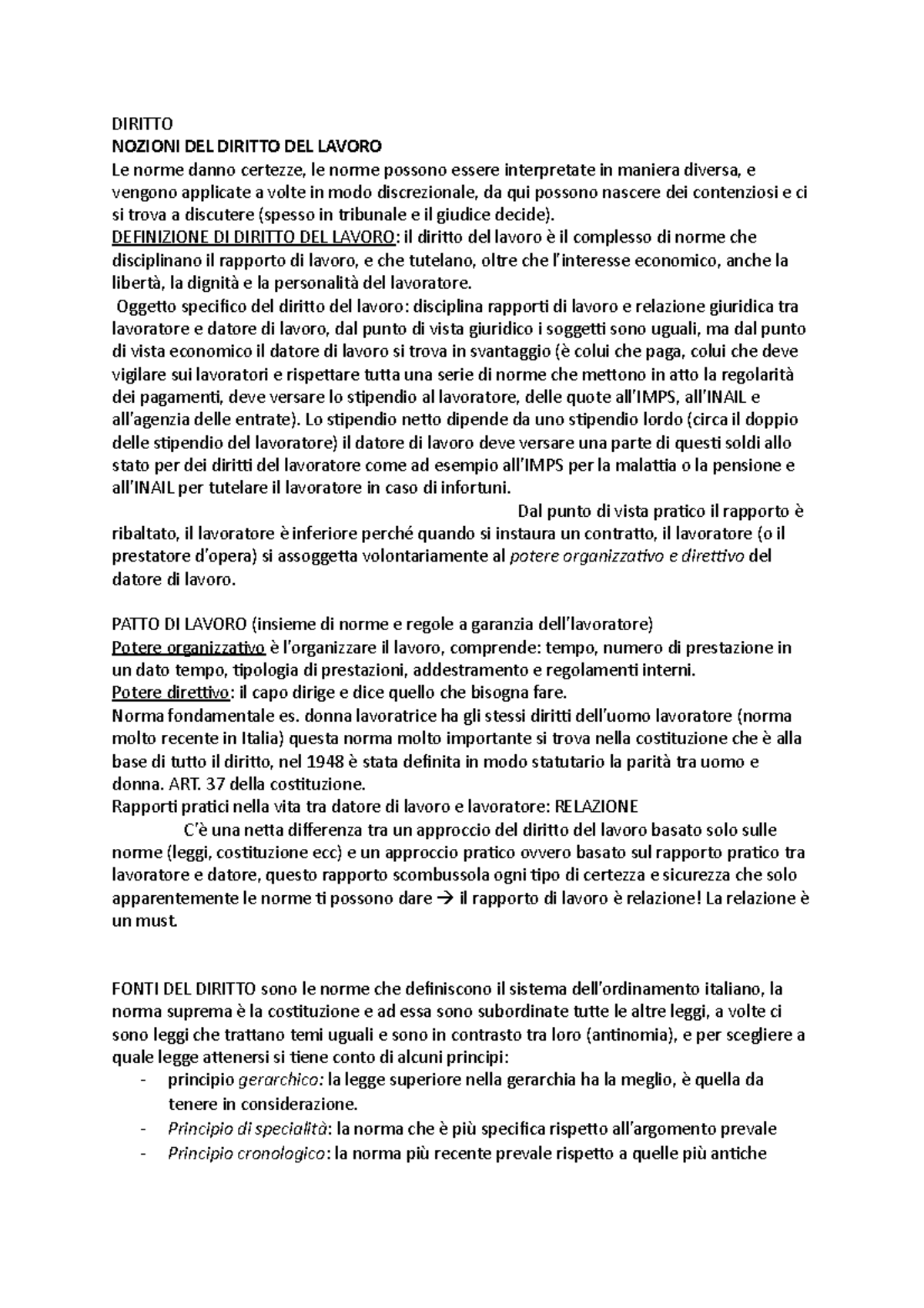 Diritto - Appunti di lezione 1 - DIRITTO NOZIONI DEL DIRITTO DEL LAVORO ...
