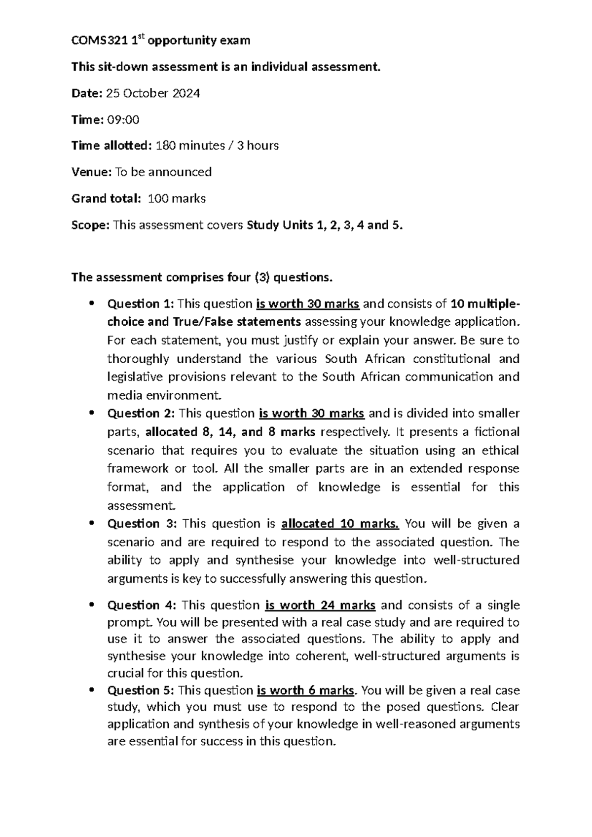 2024 COMS321 1st Opp Exam Scope 1 - COMS321 1st opportunity exam This ...
