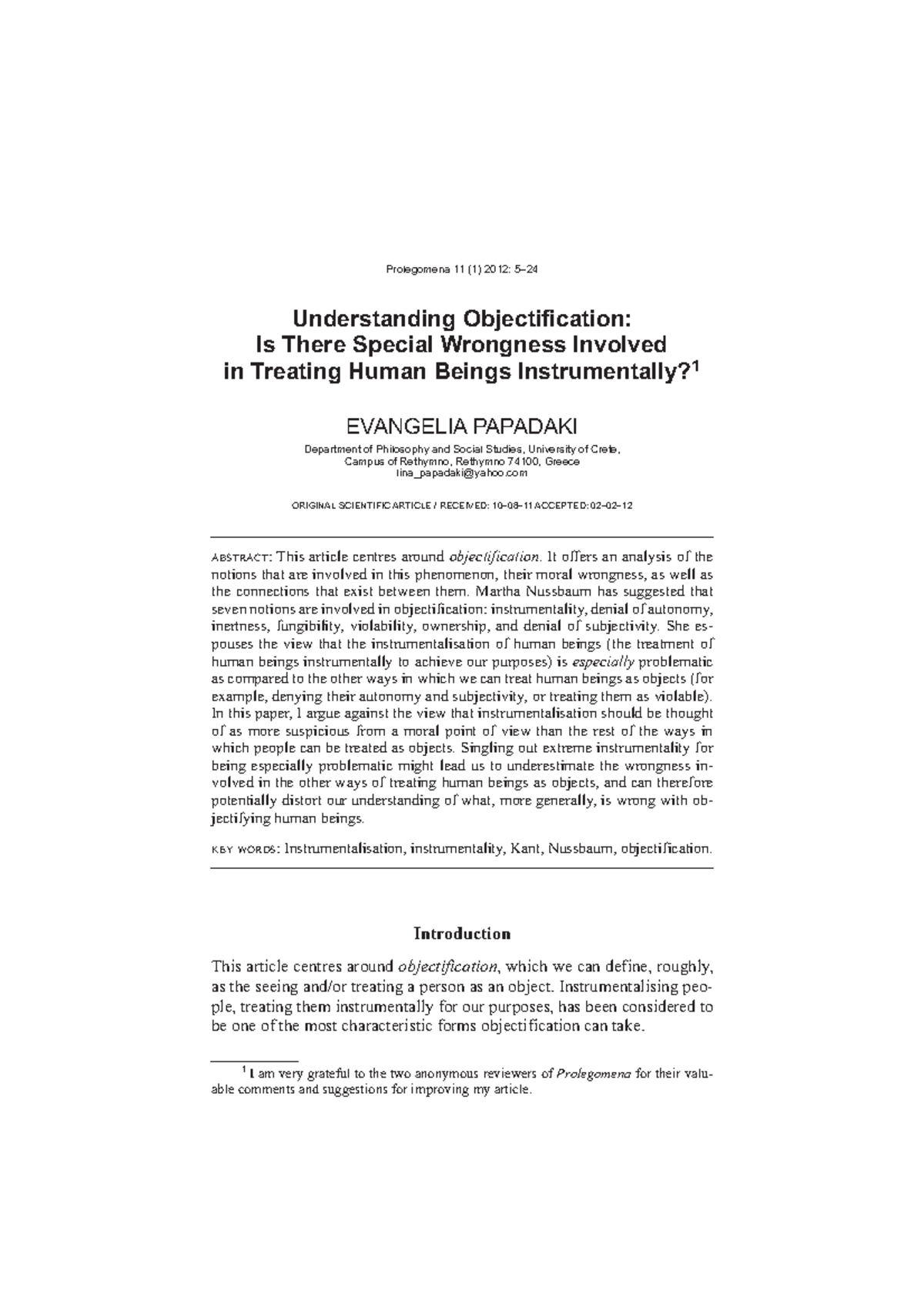 Objectification Philo other - Prolegomena 11 (1) 2012: 5– Understanding ...