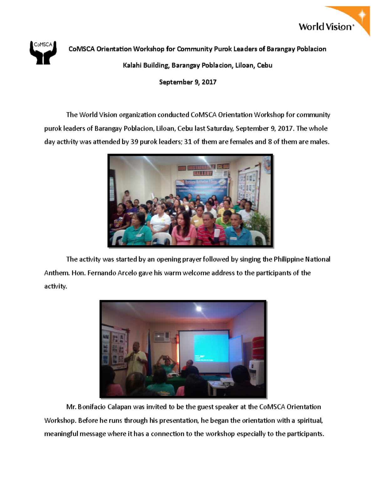 Co MSCA Orientation Workshop for Community Purok Leaders of Barngay ...