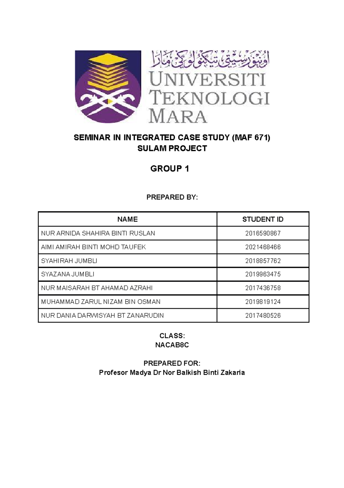 Group Project Sulam Group 1 - SEMINAR IN INTEGRATED CASE STUDY (MAF 671 ...
