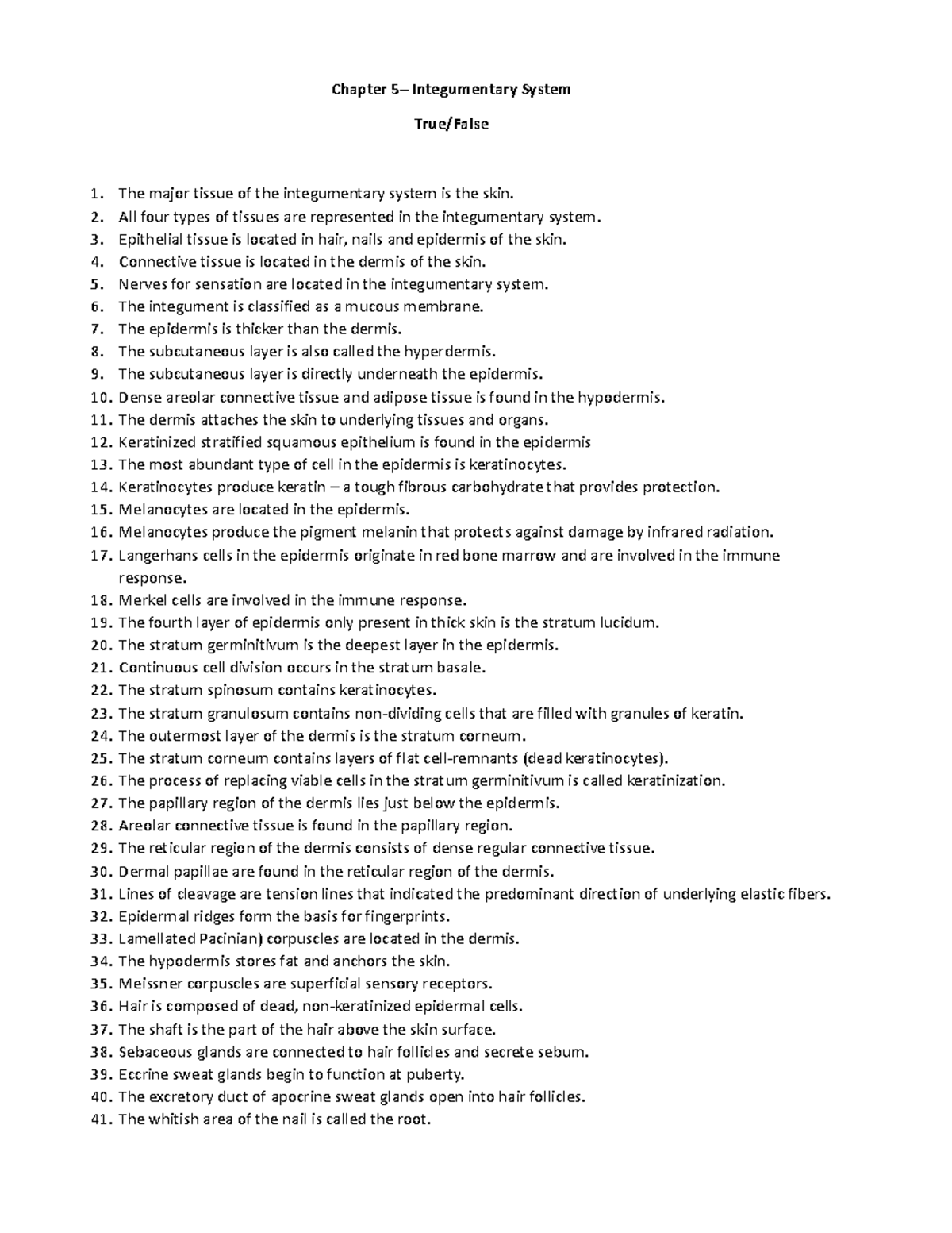 Chapte 5 - Integumentary System Study COPY - Chapter 5– Integumentary ...