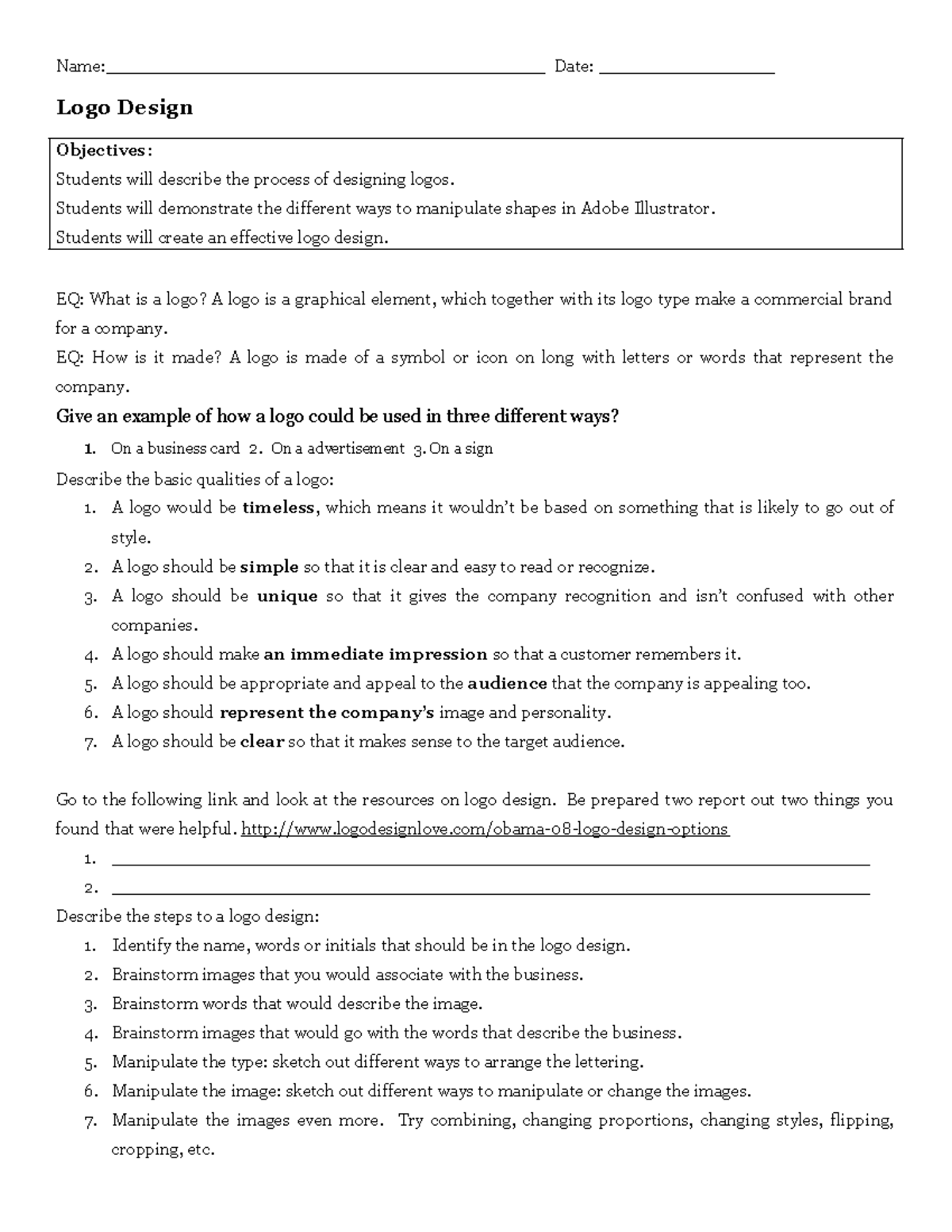 Logo Design Student Guided Notes Answer Key - Name