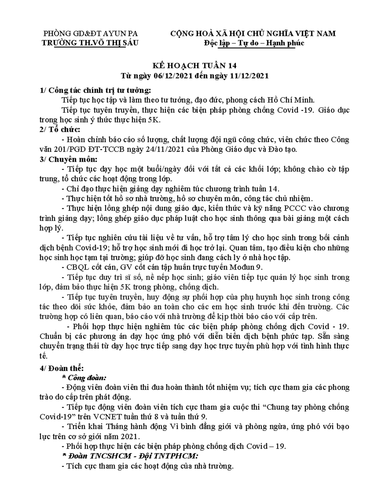 KH TUAN 14-21 - kkggg - PHÒNG GD&ĐT AYUN PA CỘNG HOÀ XÃ HỘI CHỦ NGHĨA ...