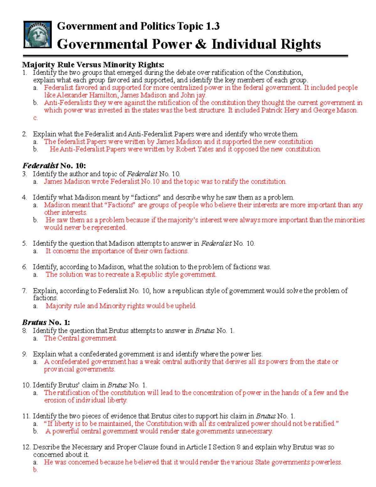 Worksheet 1.3. Governmental Power AND Individual Rights Finished WS ...
