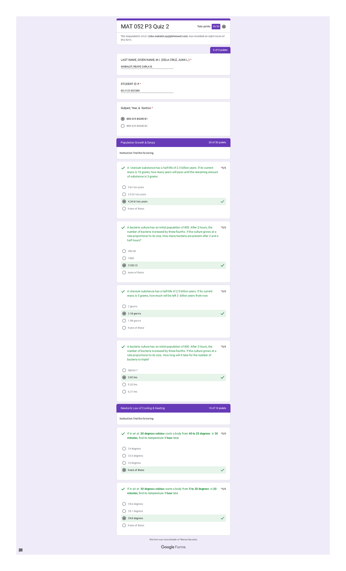 MAT 052 P3 Quiz 2 - mm,m - 0 of 0 points MABALOT, REAFE CARLA B. 03-2122- BES 025 BSME-B BES 025 ...