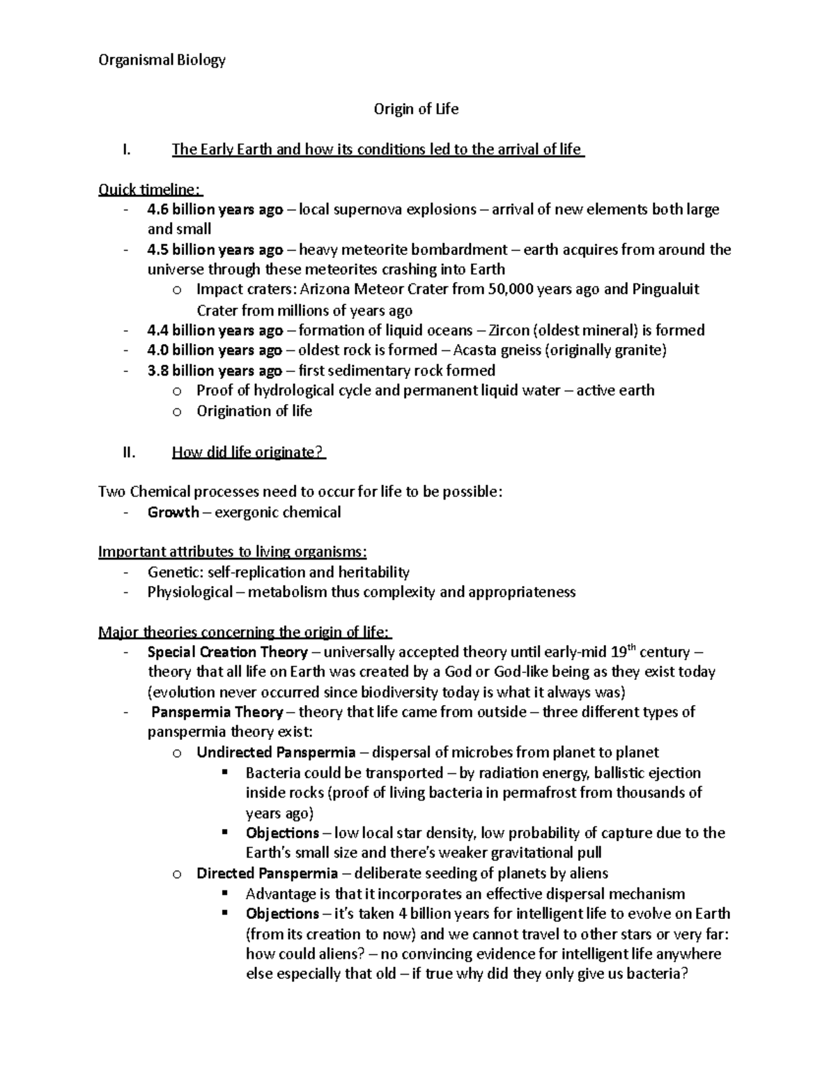Origin of Life - organized - Organismal Biology Origin of Life I. The ...