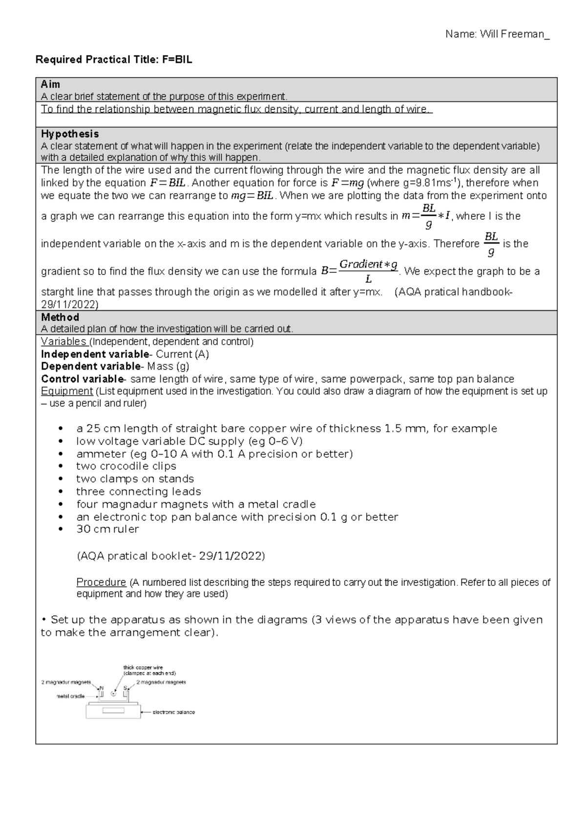 F=BIL - Name: Will Freeman_ Required Practical Title: F=BIL Aim A clear ...