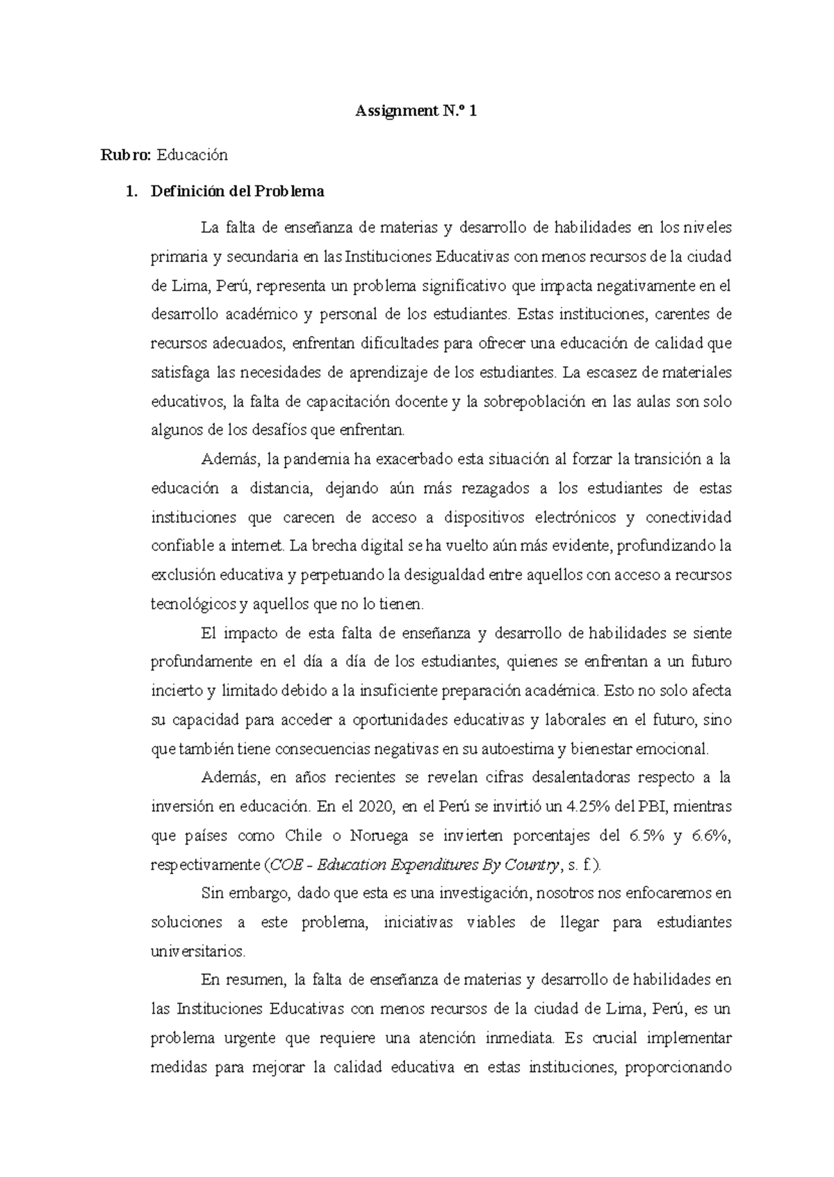 Team3Preliminary Venture Concept - Assignment N.º 1 Rubro: Educación ...