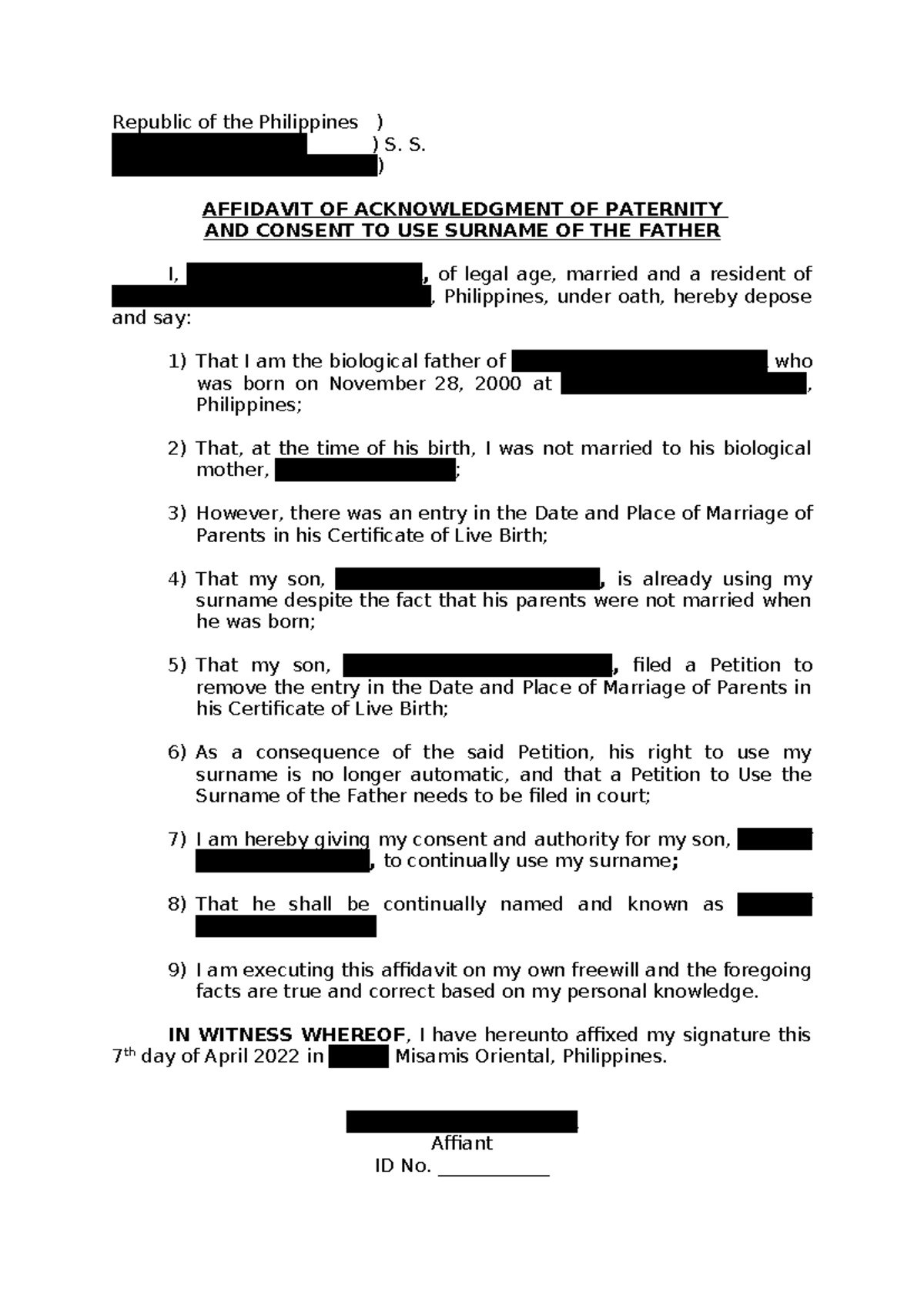 AFF OF Acknowledgment and AUSF - Republic of the Philippines ...