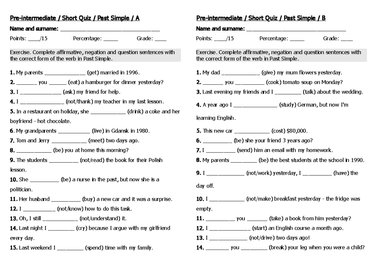Pre-intermediate : Short Quiz : Past Simple - Pre-intermediate / Short ...