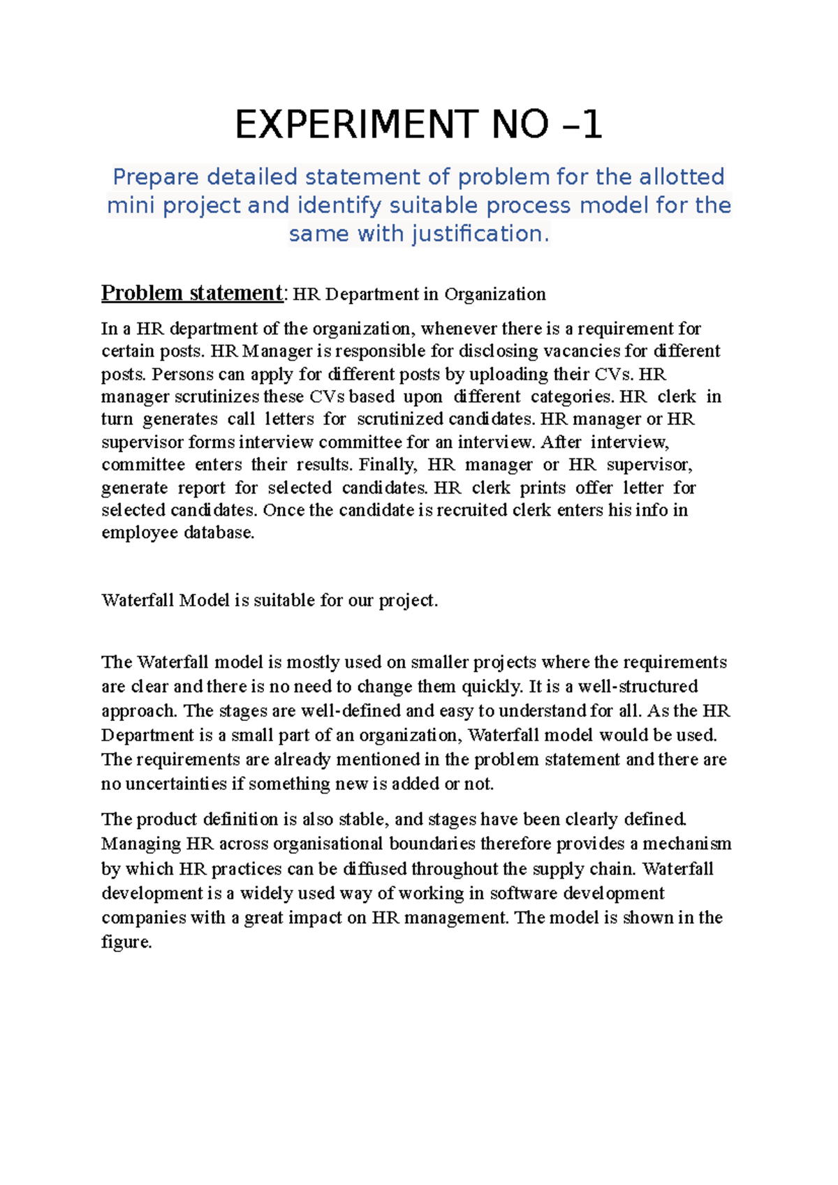 Experiment 1 - Software model - EXPERIMENT NO – Prepare detailed ...