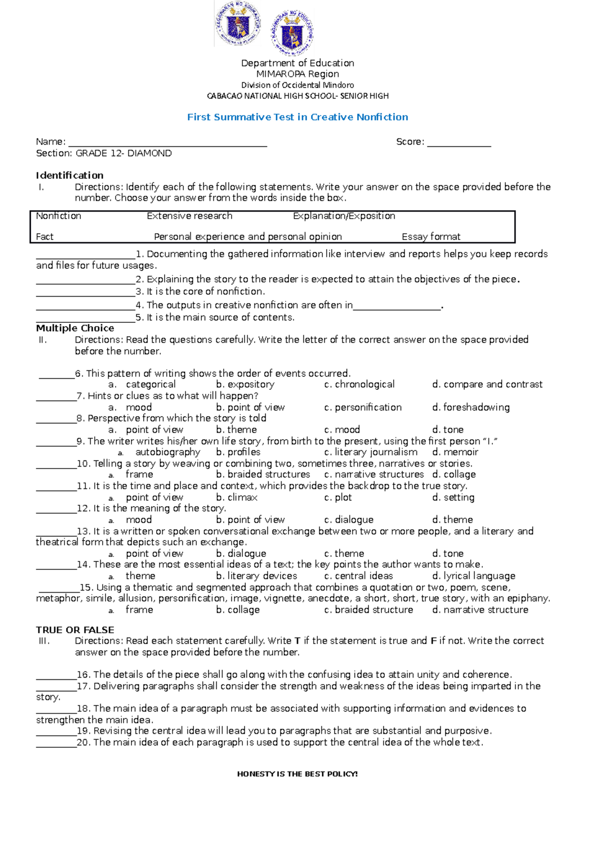 First Summative TEST Creative Nonfiction - Department of Education ...