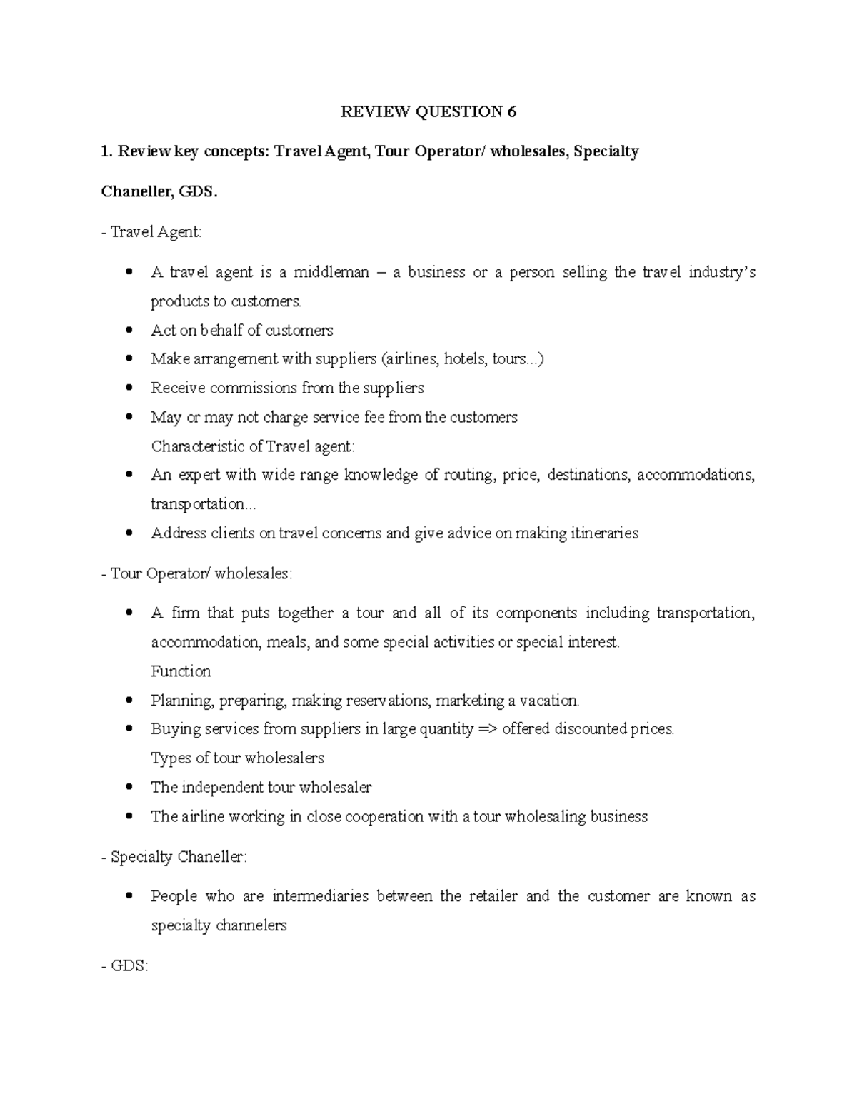 Review Question 6 about Introduction to tourism - REVIEW QUESTION 6 1 ...