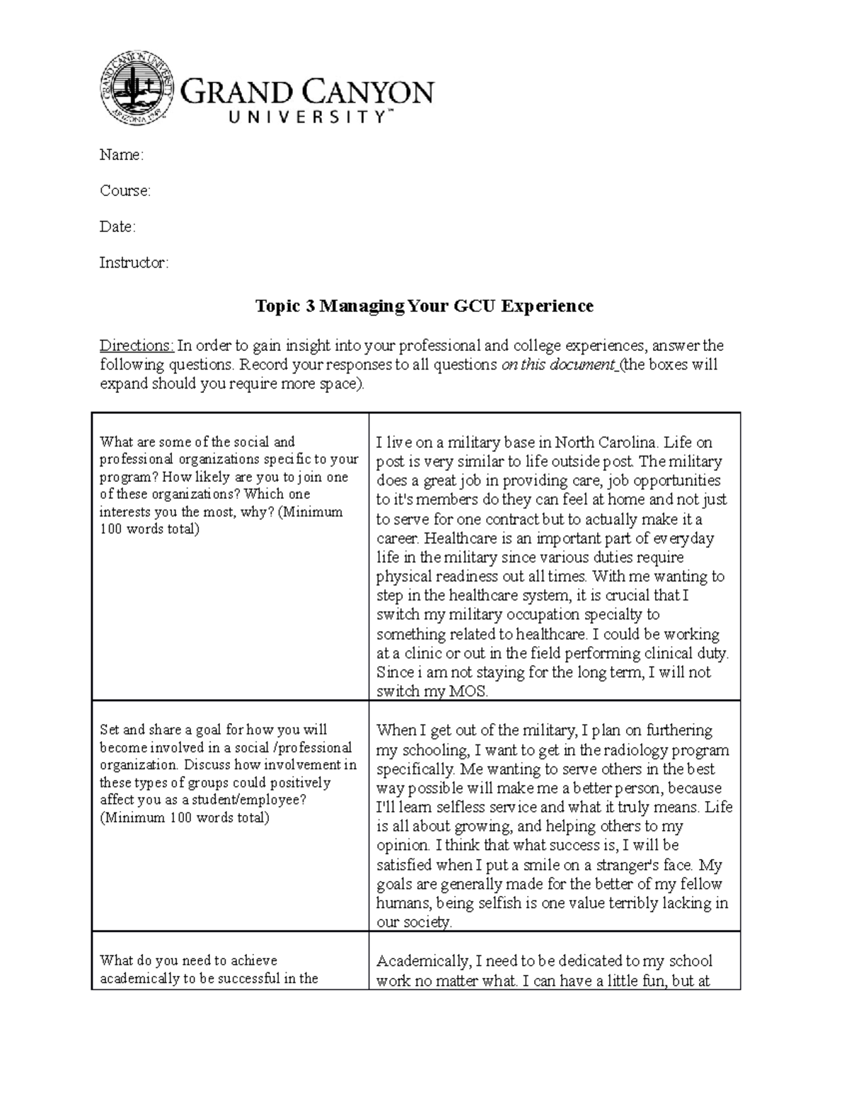 UNV-103 T3 Your GCUExperience Online - Name: Course: Date: Instructor ...