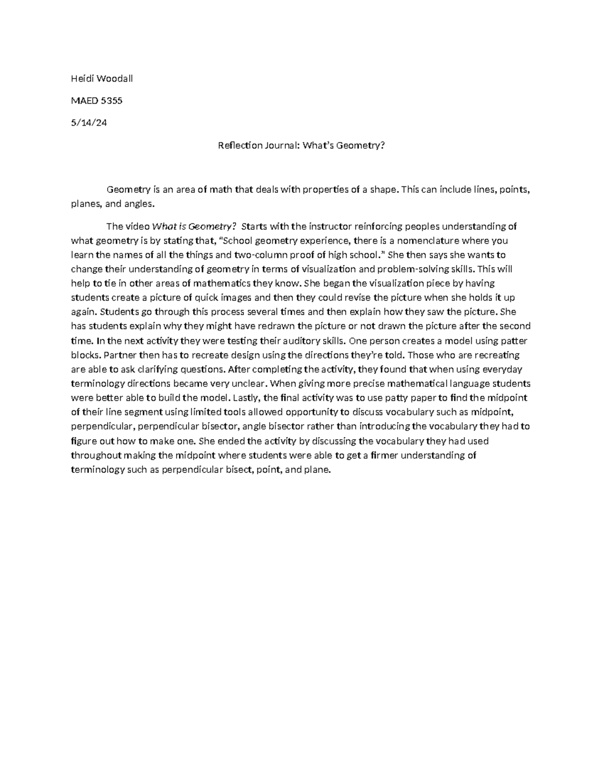 Whats Geometry Reflection - Heidi Woodall MAED 5355 5/14/ Reflection ...