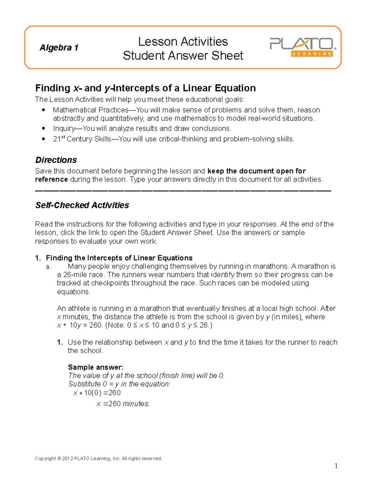 Finding x- and y-intercepts of a Linear Equation-LAS - Inquiry—You will ...