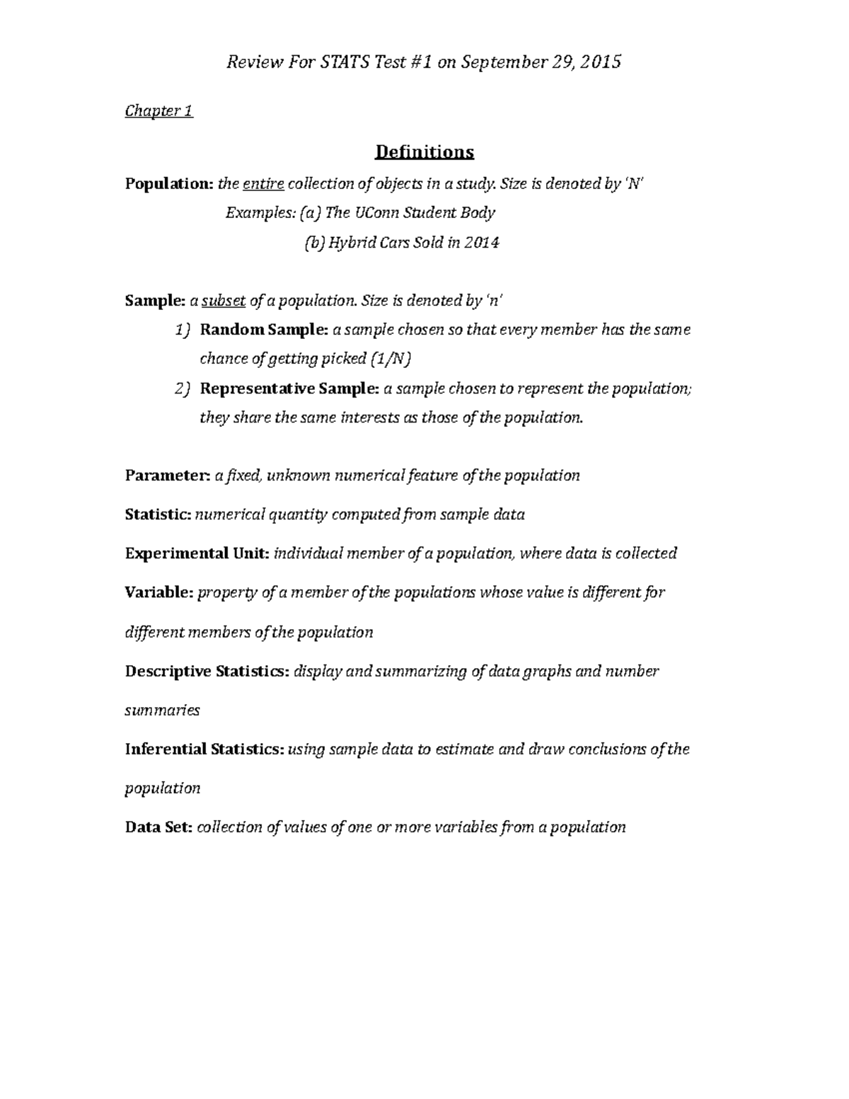 Test 1 Review Guide - EXAM 1 - Review For STATS Test on September 29 ...