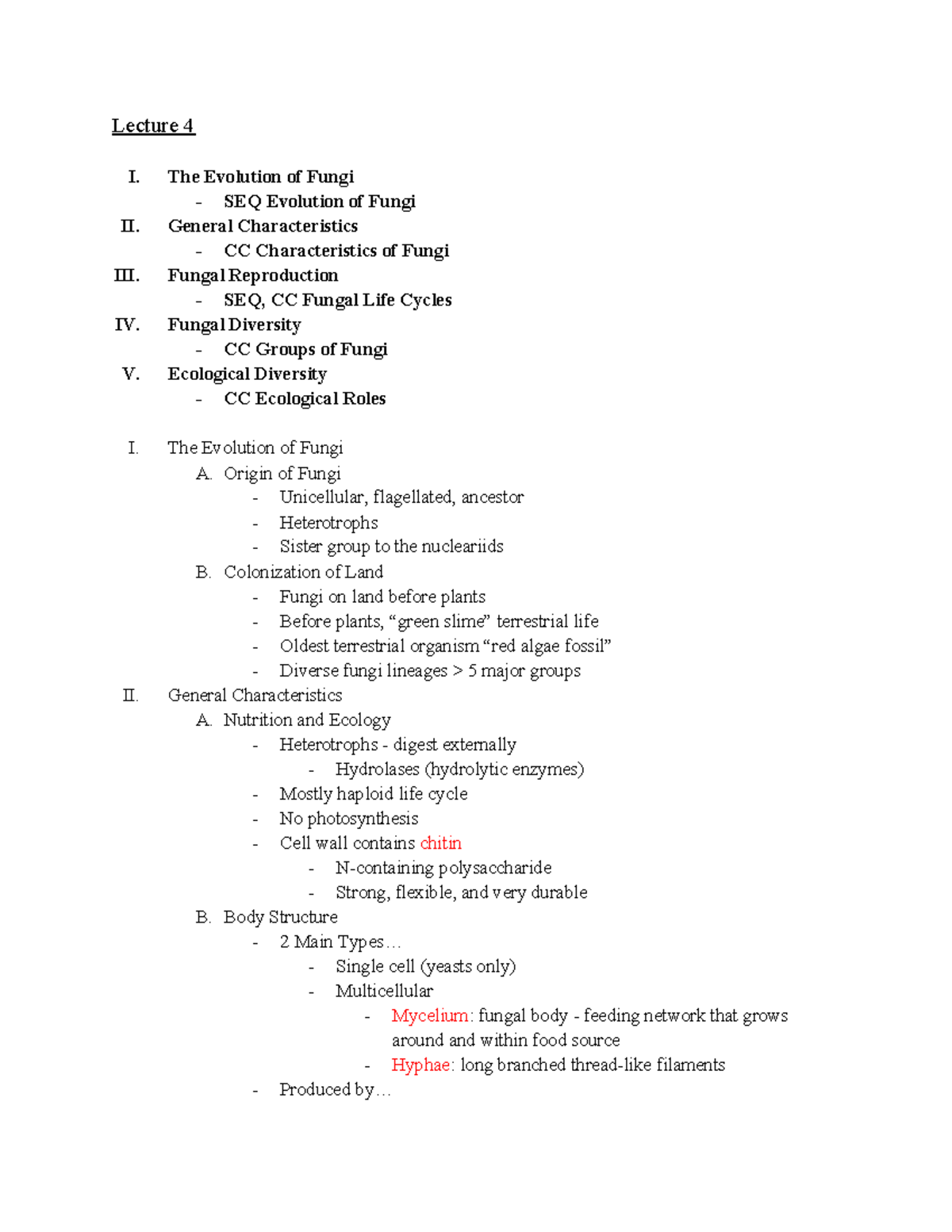 L4 Fungi - Lecture 4 I. The Evolution of Fungi - SEQ Evolution of Fungi ...