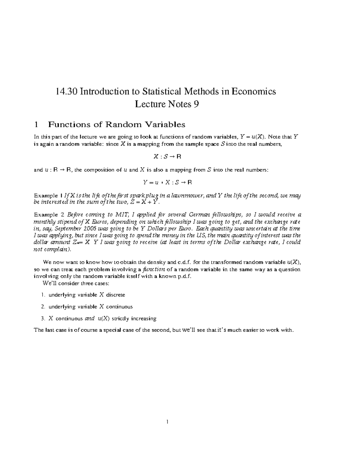 Functions of random variables - Note that Y is again a random variable ...