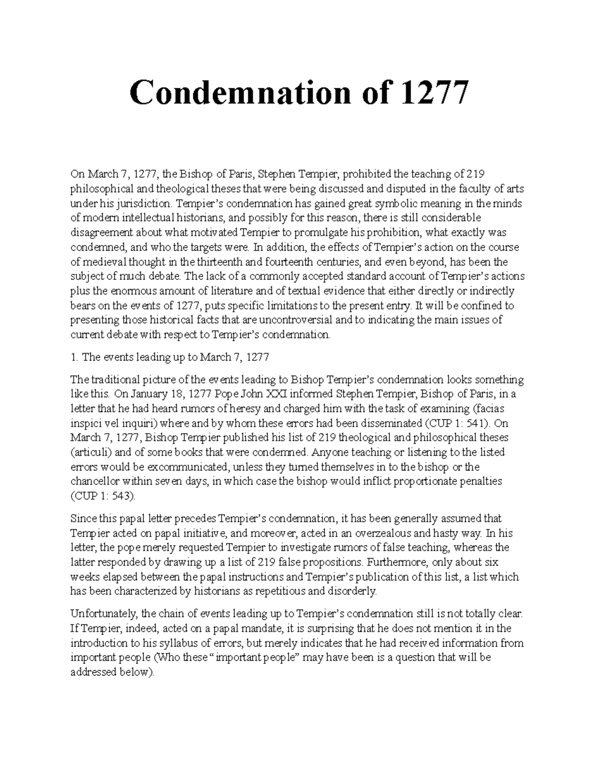 Lecture 8 Condemnation of 1277 - Condemnation of 1277 On March 7, 1277 ...