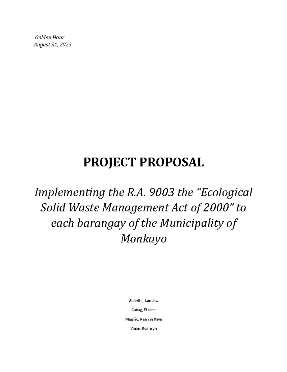 Project Management - Group 10 [Project Proposal] - Golden Hour August ...