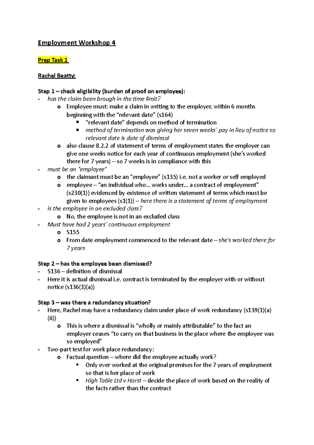 Employment WS4 - ws 4 notes - Employment Workshop 4 Prep Task 1 Rachel ...