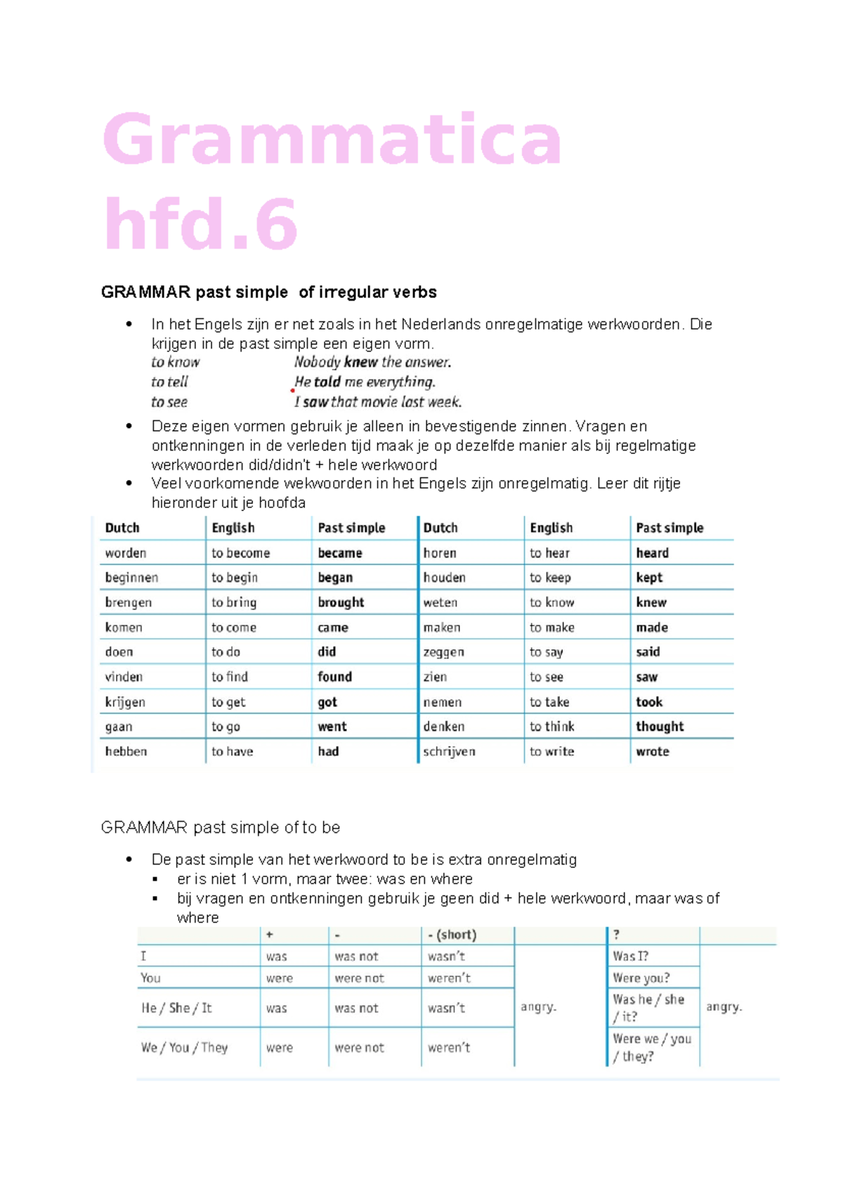 Engels Grammar hfd. 6 - Grammatica hfd. GRAMMAR past simple of ...