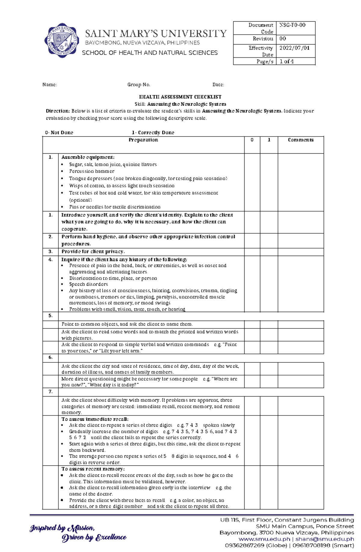 HA Assessing THE Neurologic System Checklist - SCHOOL OF HEALTH AND ...