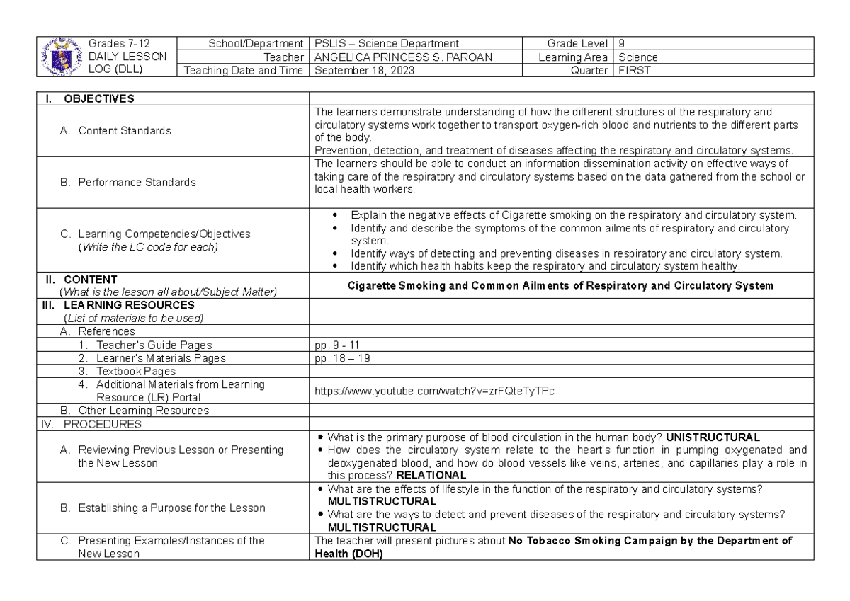 Q1 W4 G9 Science DLL Day1 - Grades 7- DAILY LESSON LOG (DLL) School/Department PSLIS – Science ...