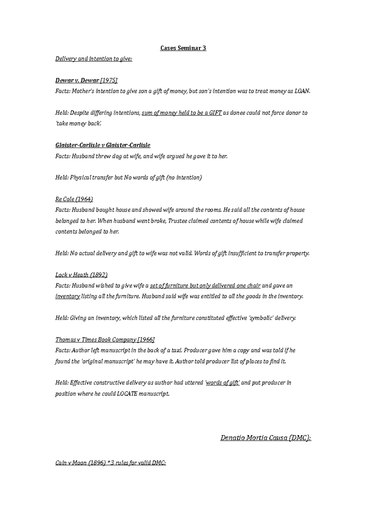 Gifts and DMC cases - Delivery and intention to give - Cases Seminar 3 ...