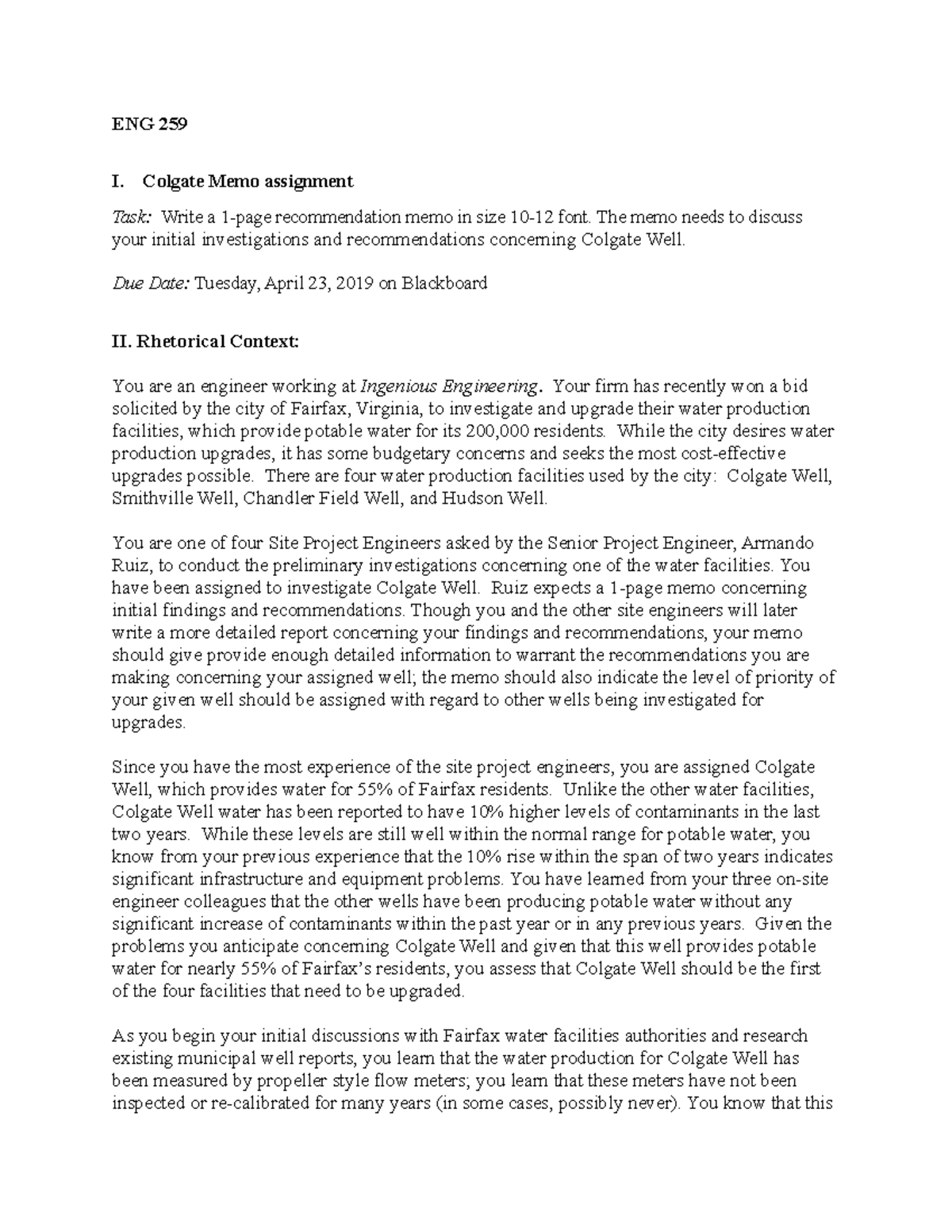 Colgate Memo assignment - ENG 259 I. Colgate Memo assignment Task ...