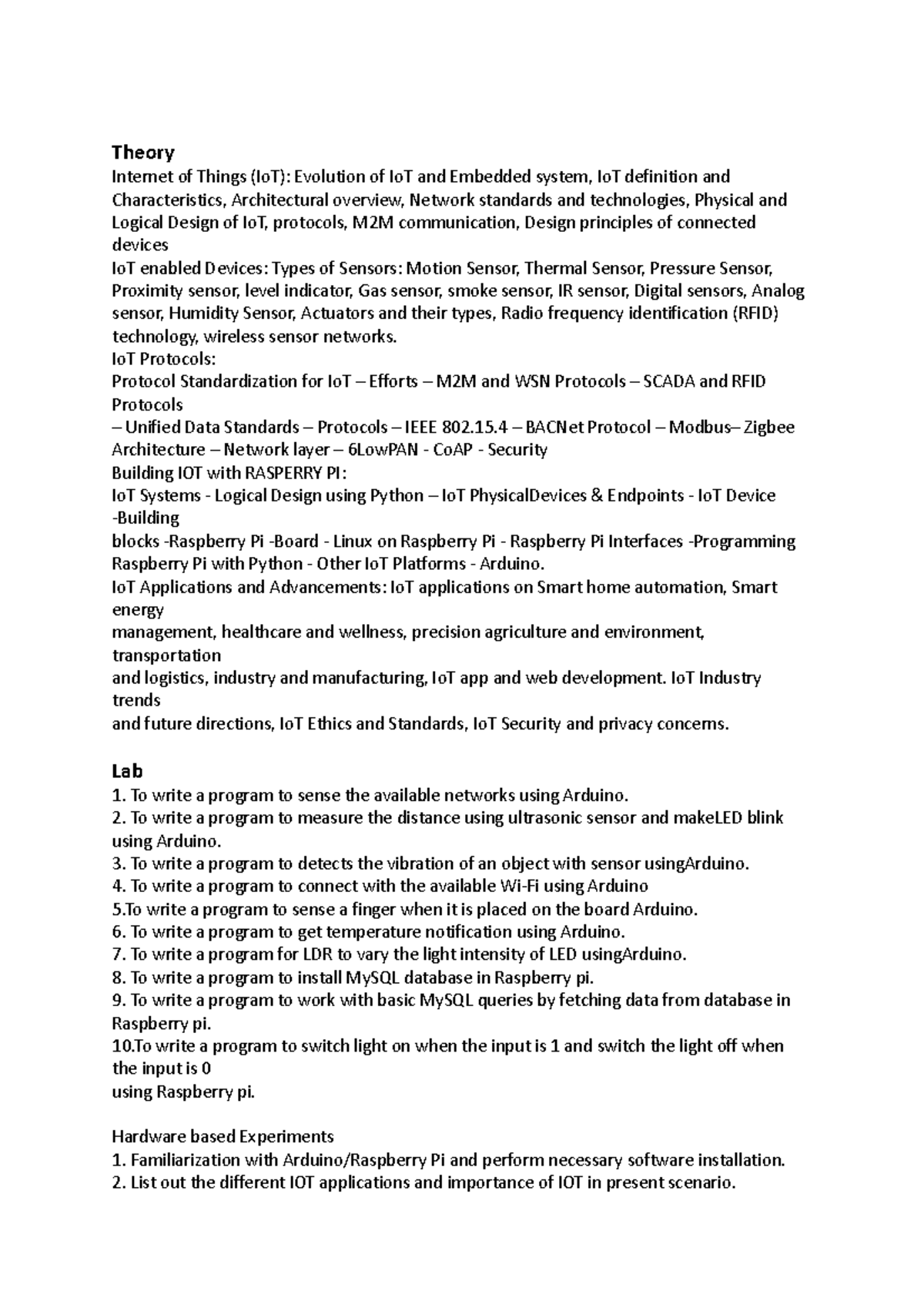 Syllabus - Theory Internet of Things (IoT): Evolution of IoT and ...