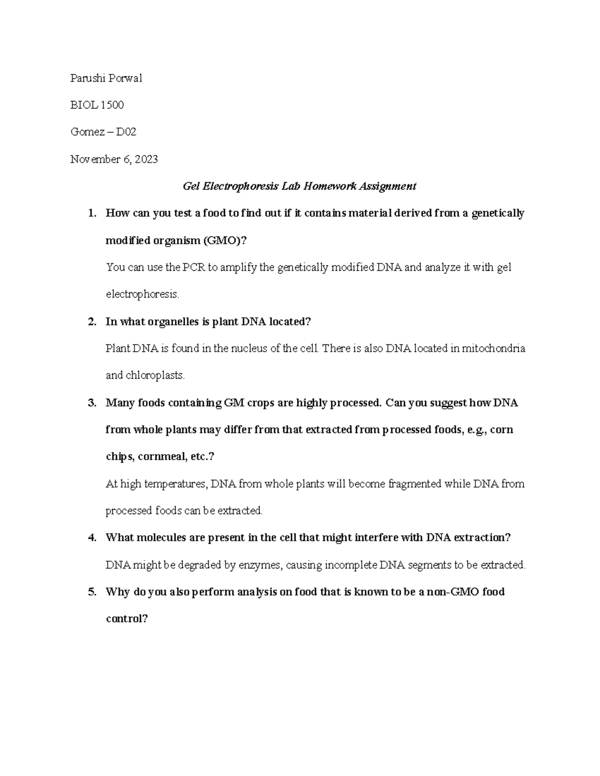 Lab Post-Lab Assignment 9.1 - Parushi Porwal BIOL 1500 Gomez – D ...