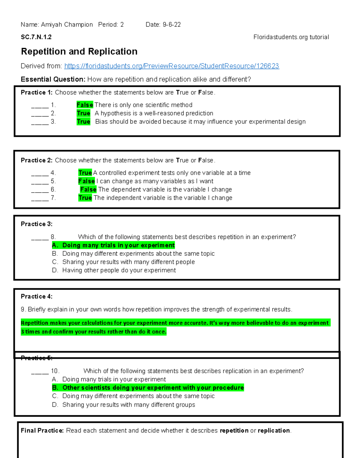 Floridastudents - SC.7.N.1.2 Repetition and Replication - Name: Amiyah ...