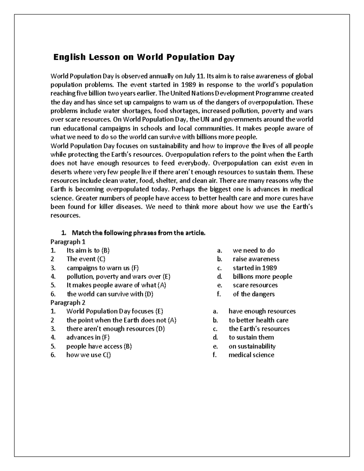 English Lesson on World Population Day - Its aim is to raise awareness ...
