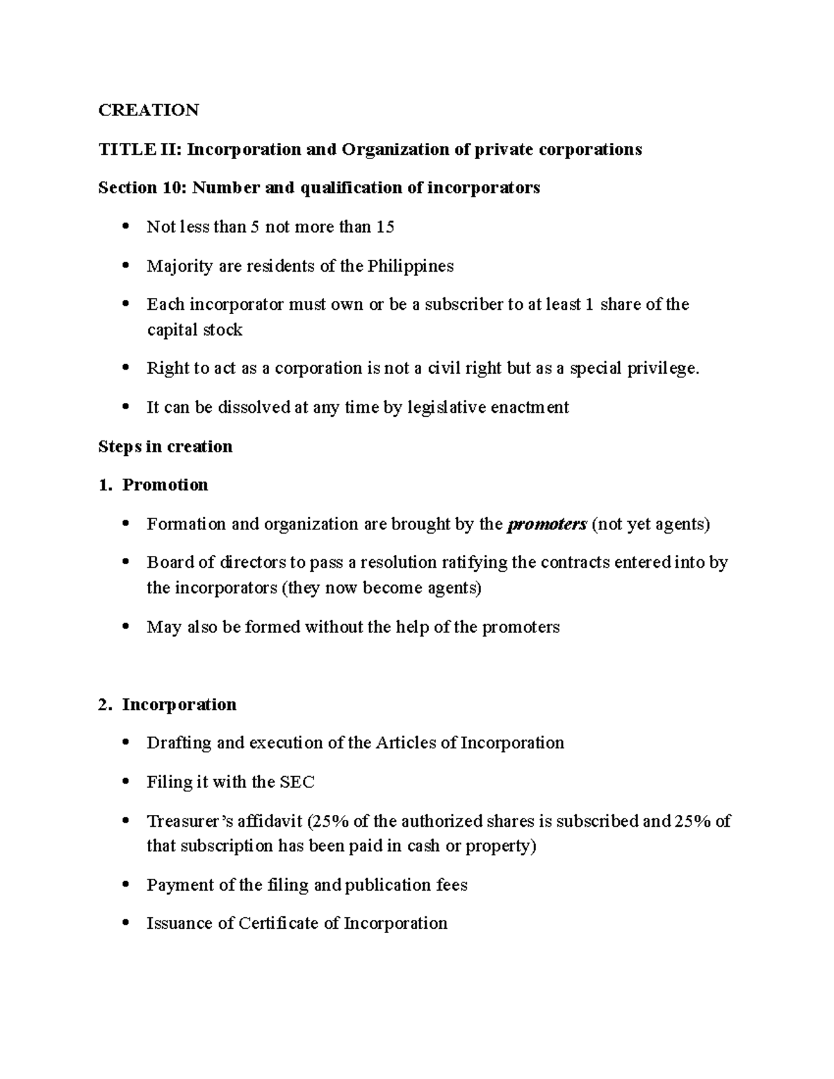 CREATION TITLE II: Incorporation and Organization of private ...