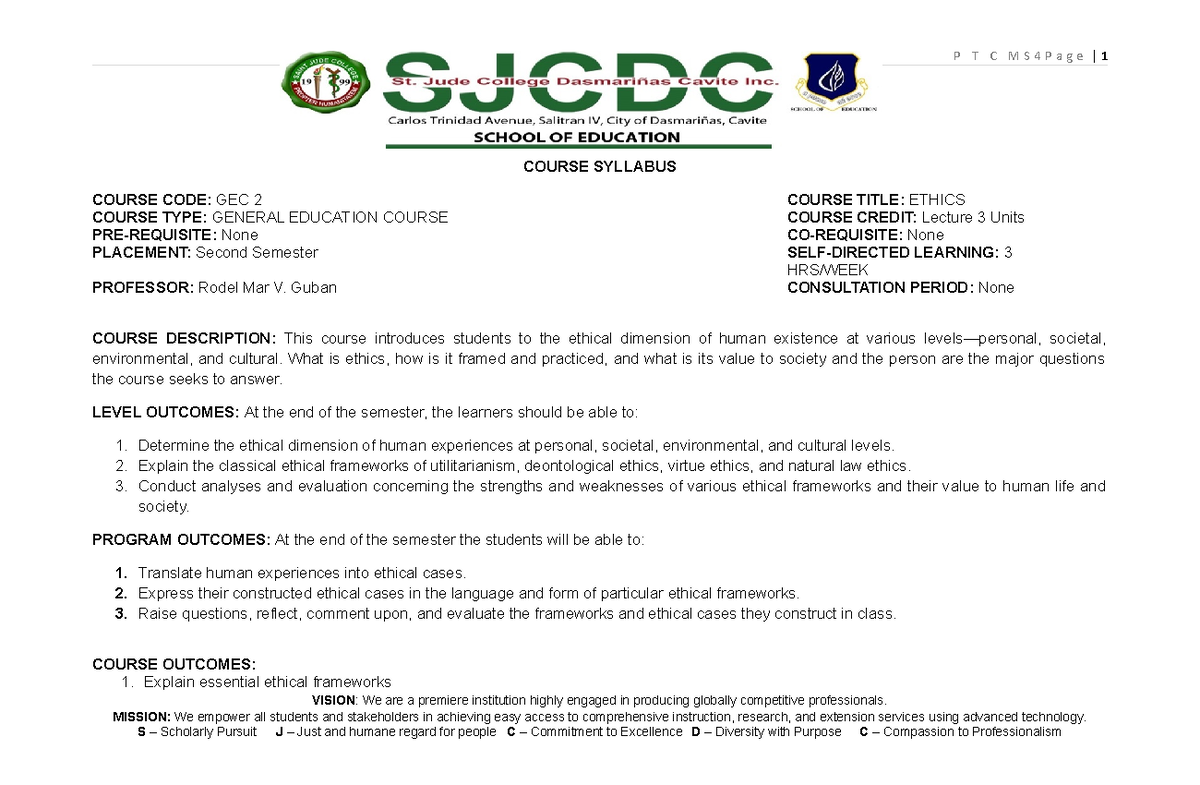 Ethics 2223 Syllabus - COURSE SYLLABUS COURSE CODE: GEC 2 COURSE TITLE ...