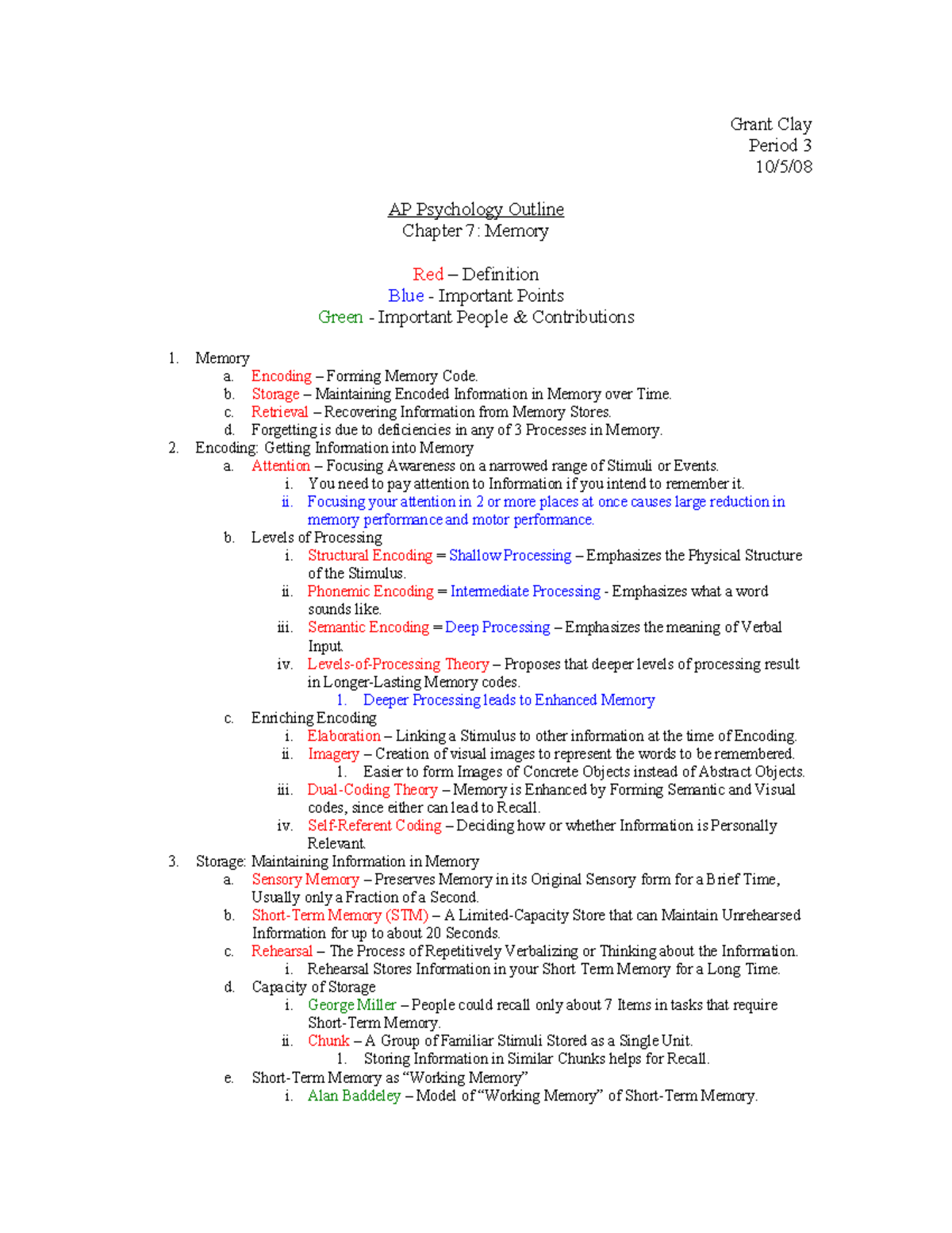 APP Ch.7 Outline - Grant Clay Period 3 10/5/ AP Psychology Outline ...
