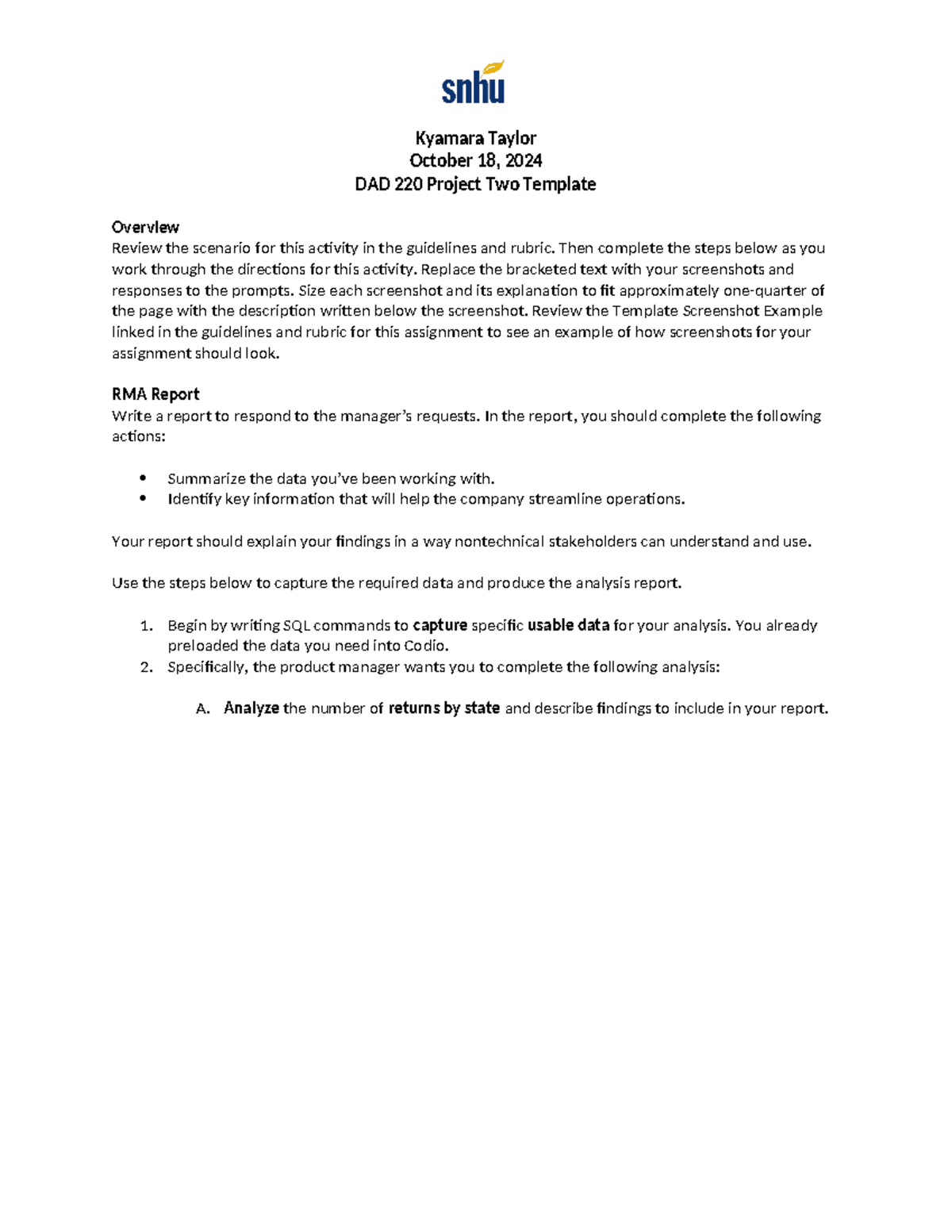 DAD 220 Project Two Template - Kyamara Taylor October 18, 2024 DAD 220 ...